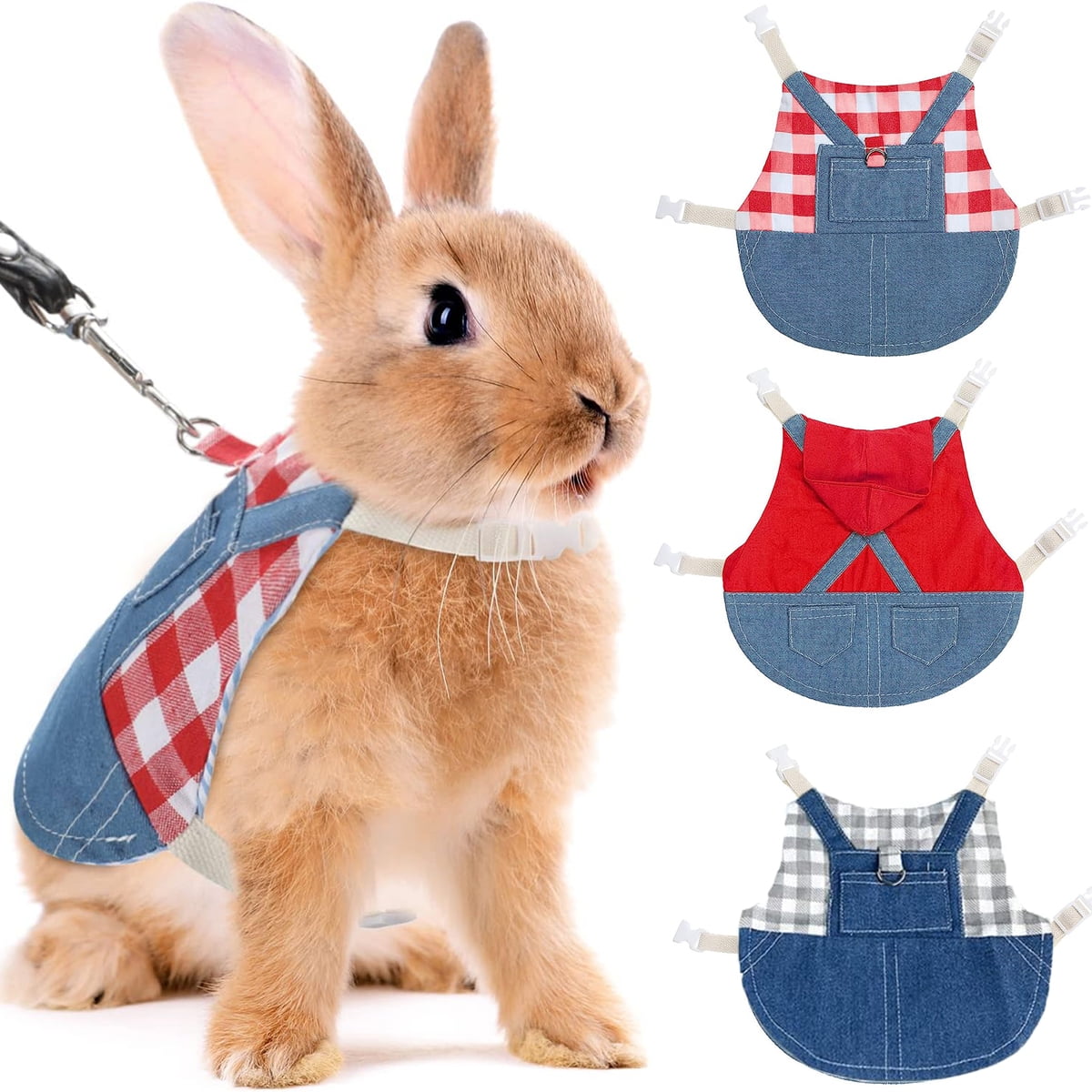 Rabbit Harness and Leash Small Animal Clothes for Rabbit Guinea Pig, Bunny Plaid Harness Leash ...