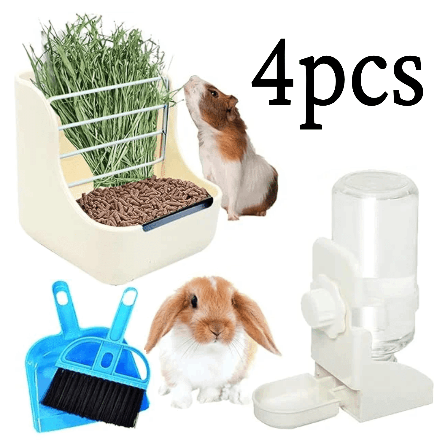 Rabbit Hay Food Bin Feeder and Bunny Water Bottle Set, Hay Food Feeder ...