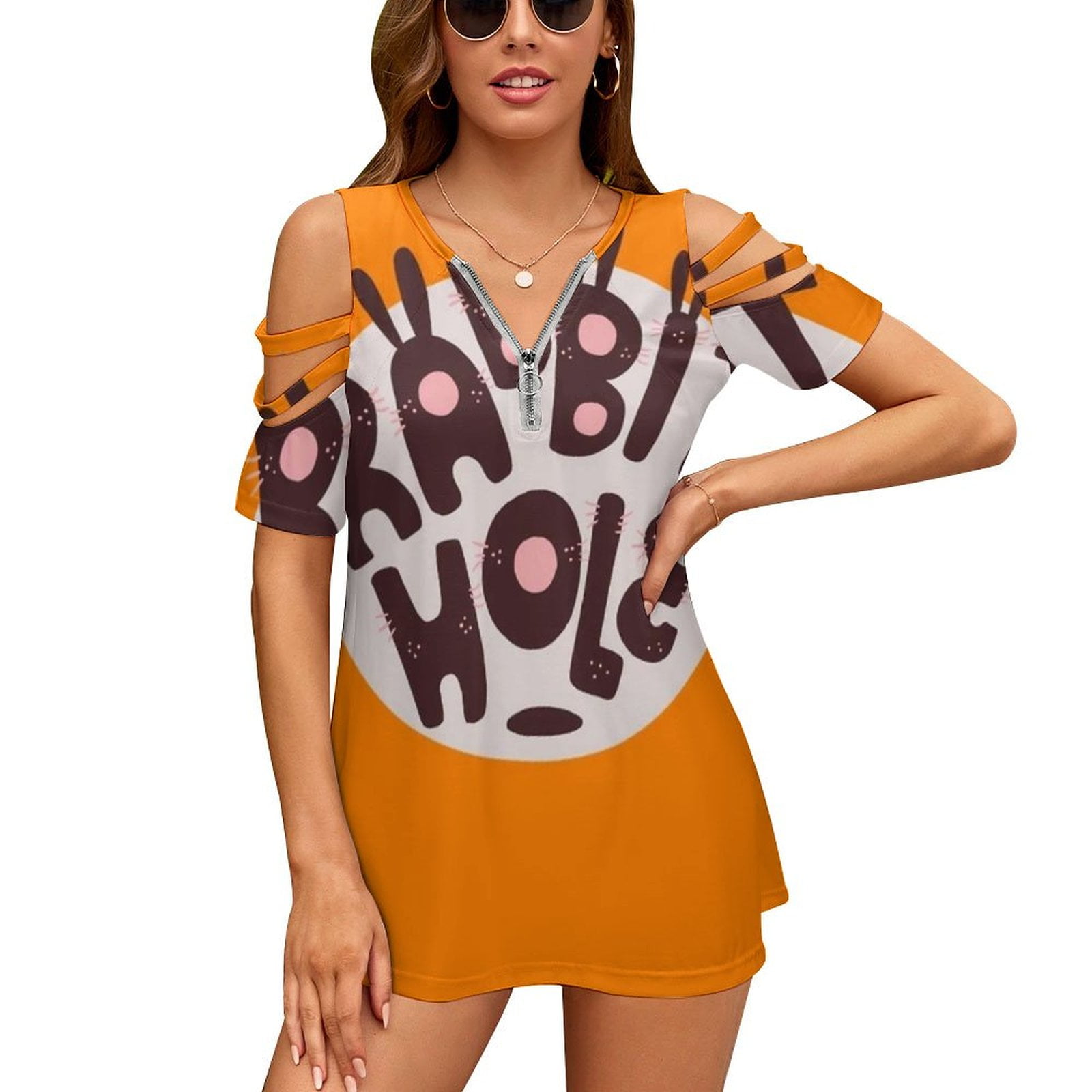 Rabbit Hole New Fashion Zip Off Shoulder Top Short-Sleeve Women Shirt ...