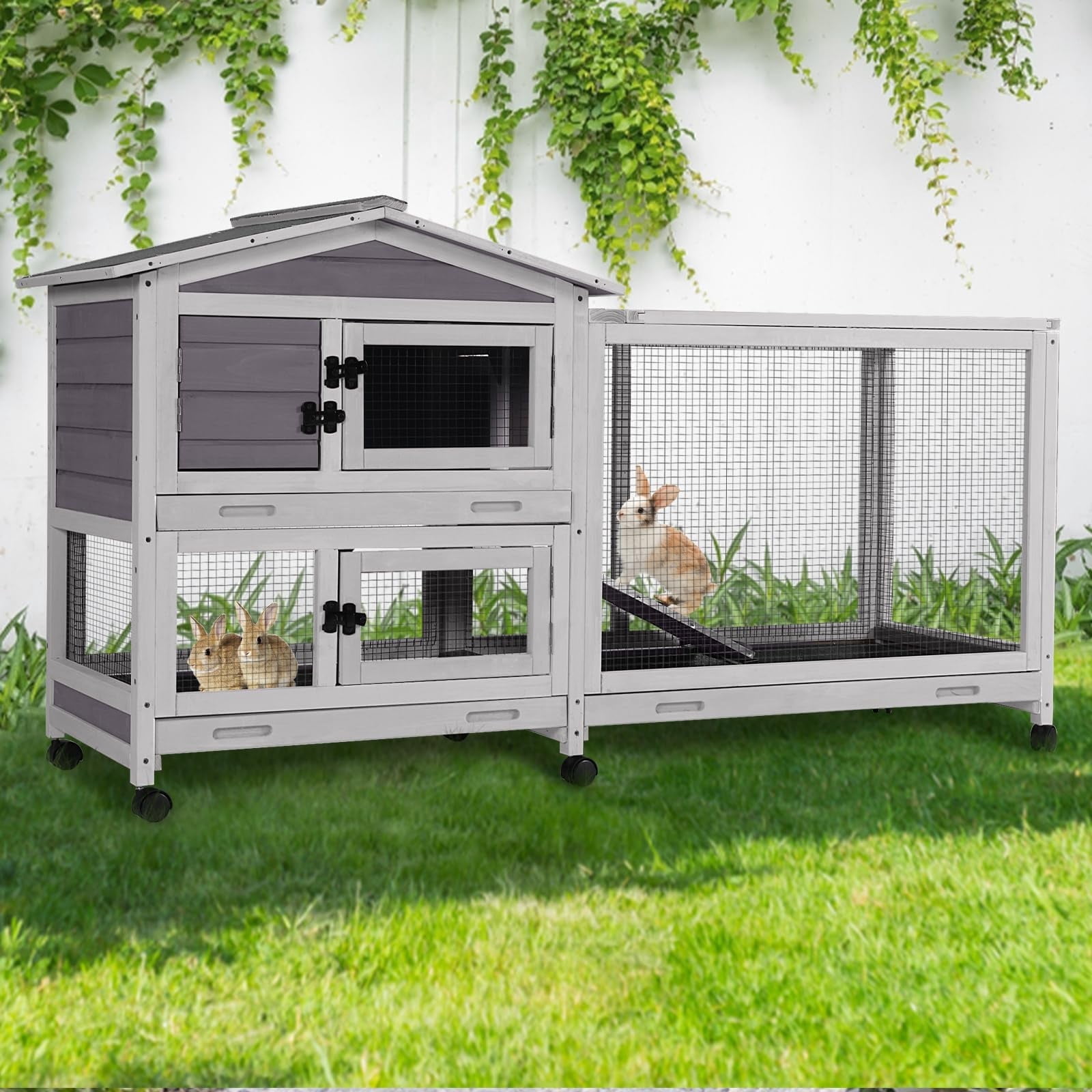 Rabbit Hutch 62" Mobile Bunny Cage Outdoor Indoor on Wheels with 3 Tray ...