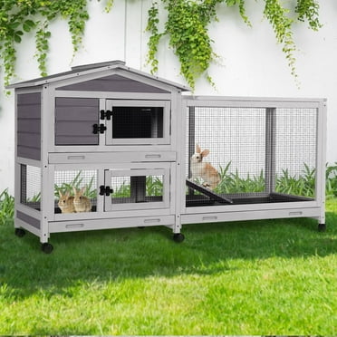 MEDEHOO Wooden Rabbit Hutch, Indoor Outdoor Bunny Cage with Asphalt ...