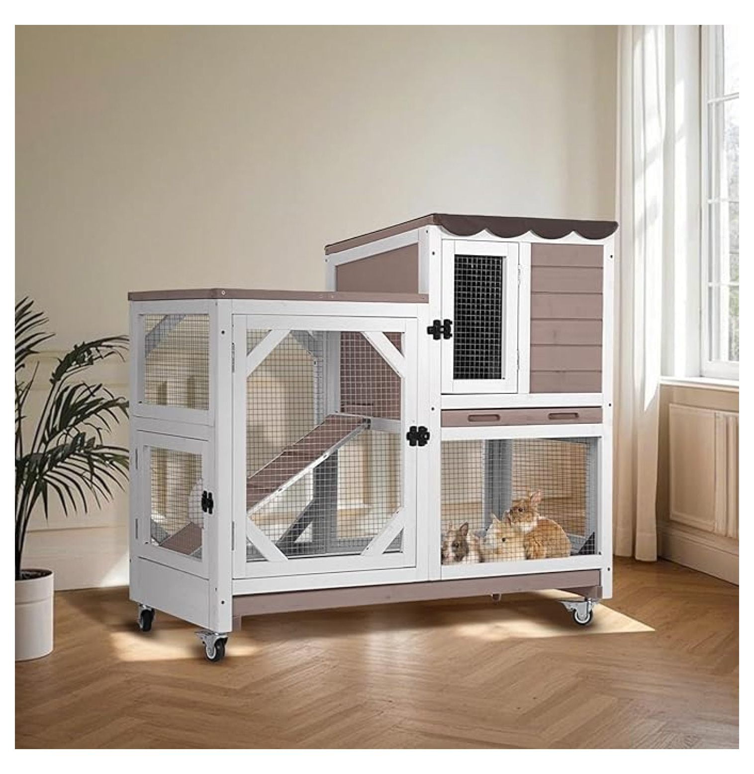 Rabbit Hutch Indoor for 2-4 Rabbits & Guinea Pigs，Bunny Cage with Slide ...