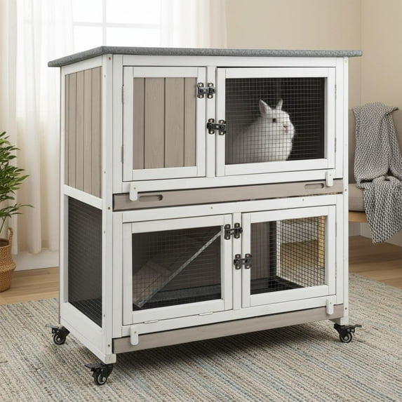 Rabbit Hutch Indoor Bunny Cage Outdoor with Chew-Resistant Ramp Slide ...
