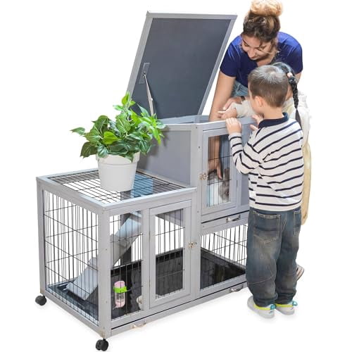 Rabbit Hutch Indoor Outdoor Bunny Cage 39" L Large 2-Story Wooden Small ...