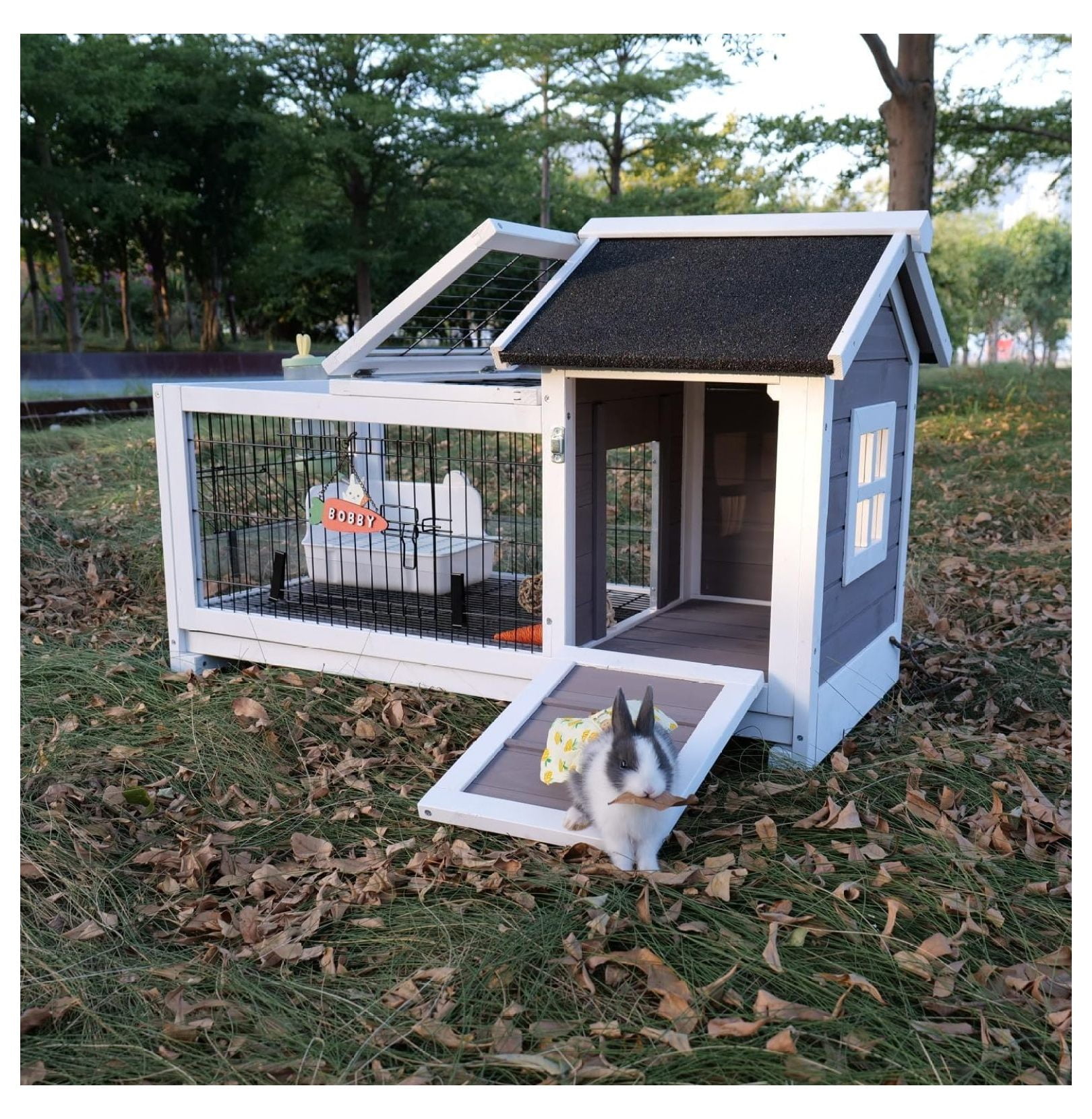 Rabbit Hutch Indoor Outdoor, Bunny Cage with Casters & Urine Baffles ...