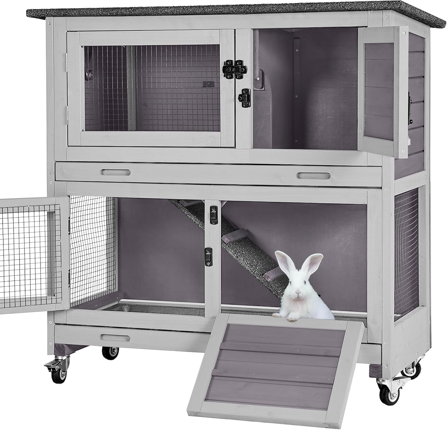 Rabbit Hutch Indoor Outdoor, Bunny Cage with Casters, Guinea Pig Cage ...
