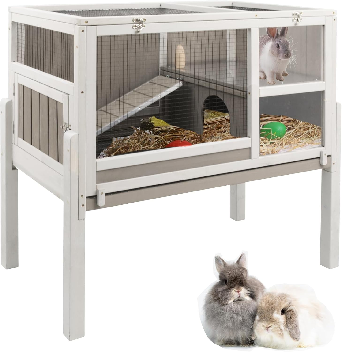 Rabbit Hutch Indoor, Wooden Bunny Hutch with Stand, Rabbit Cage Hutch ...