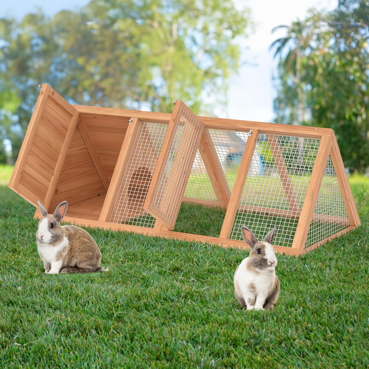 Rabbit Hutch, Small Chicken Coop Outdoor A-Frame Quail Cage with 2 Door ...
