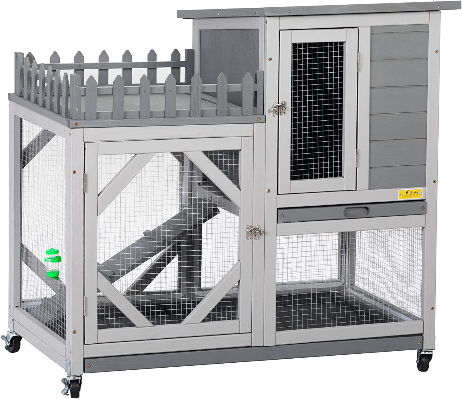 Rabbit Hutch with Balcony - Small Animal House Bunny Cage on Wheels for ...