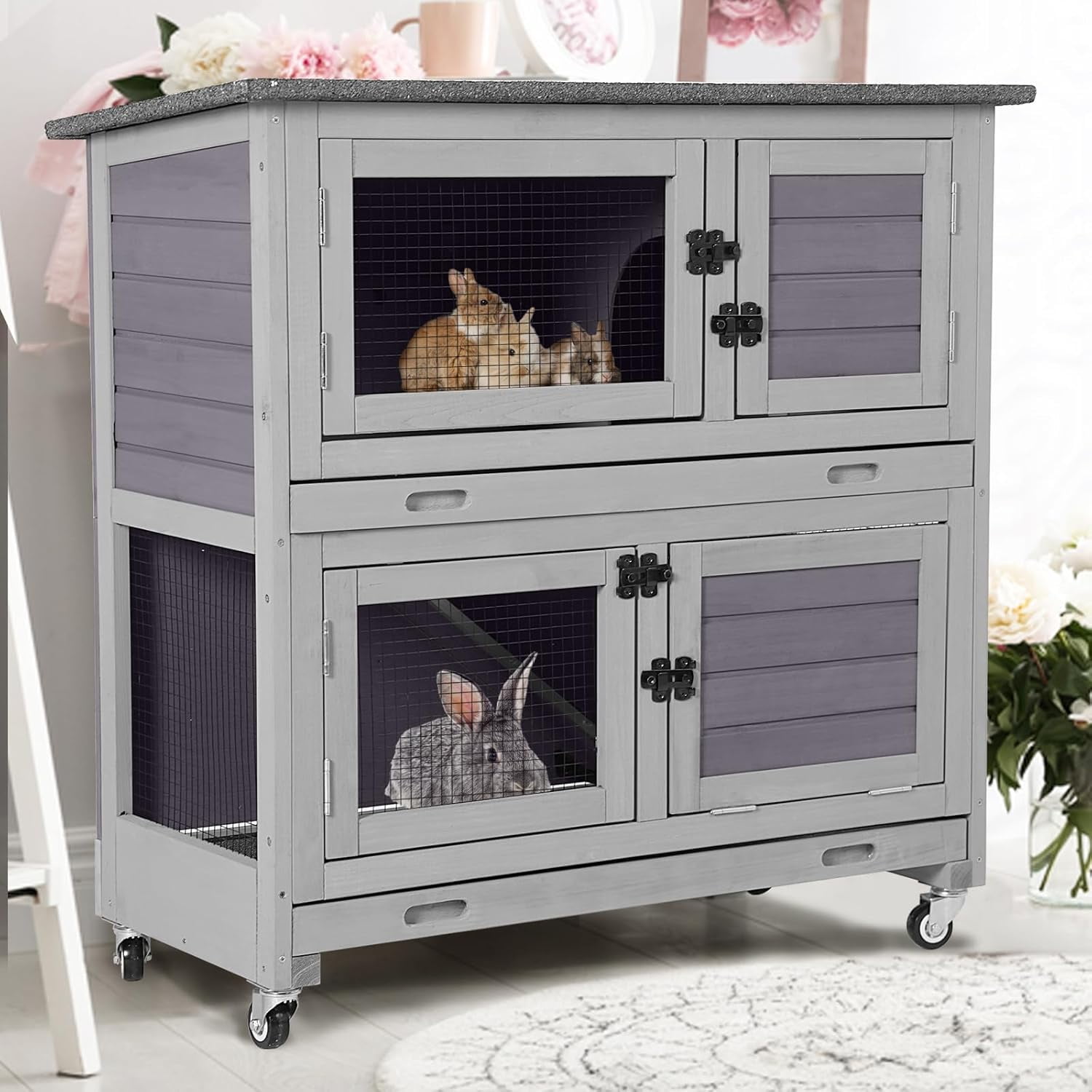 Rabbit Hutch with Trap Door Indoor Rabbit Cage with 4 Casters Bunny ...