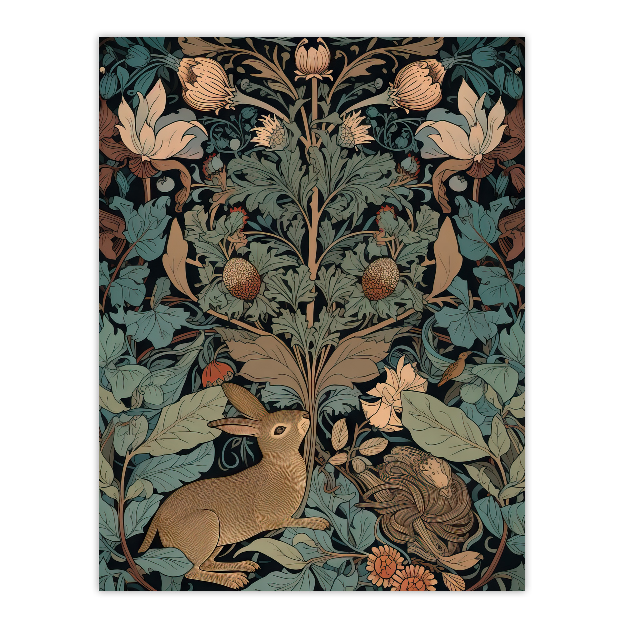 Rabbit In Abstract Ornate Shrubs Art Nouveau Painting Teal Blue Tan ...