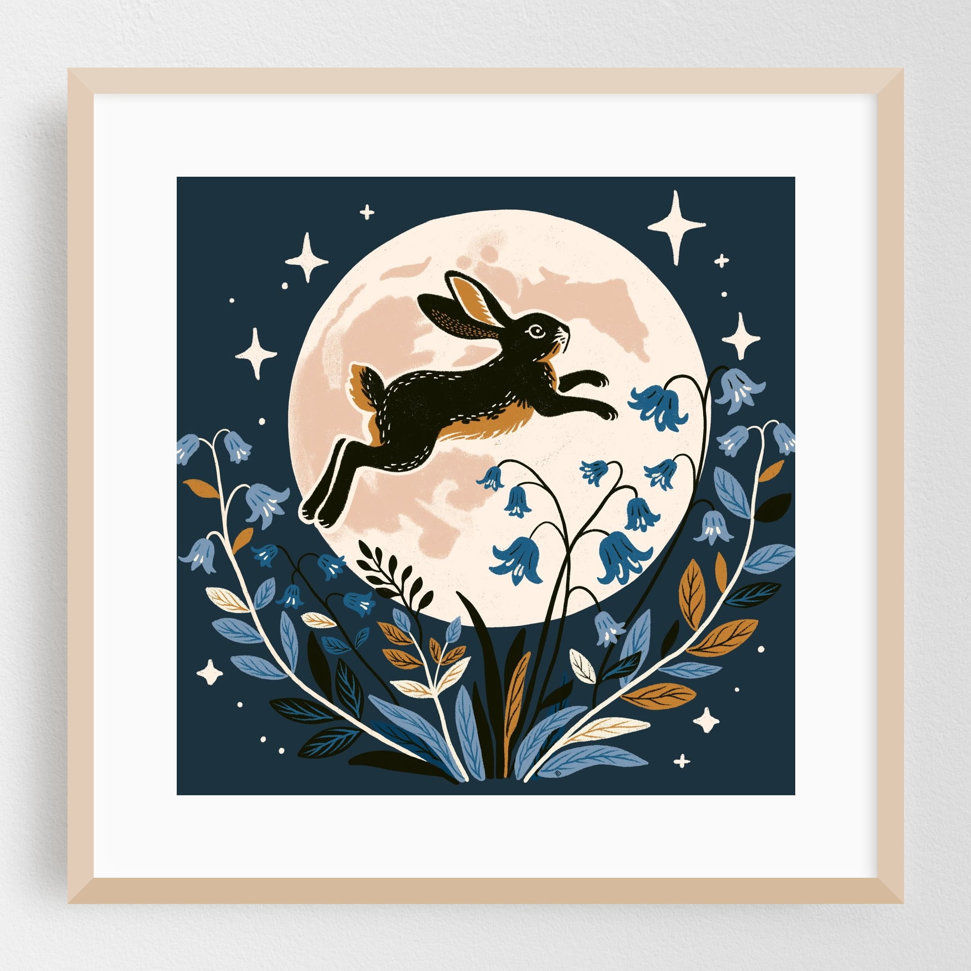 Rabbit In The Moonlight - Drawing Moon Floral Night Sky Illustration ...