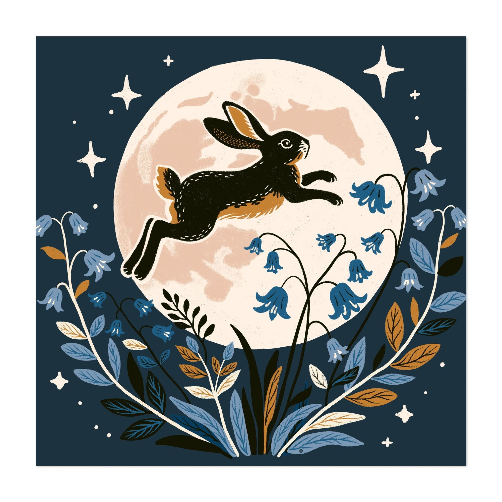 Rabbit In The Moonlight - Drawing Moon Floral Night Sky Illustration Whimsical Animal Unframed ...