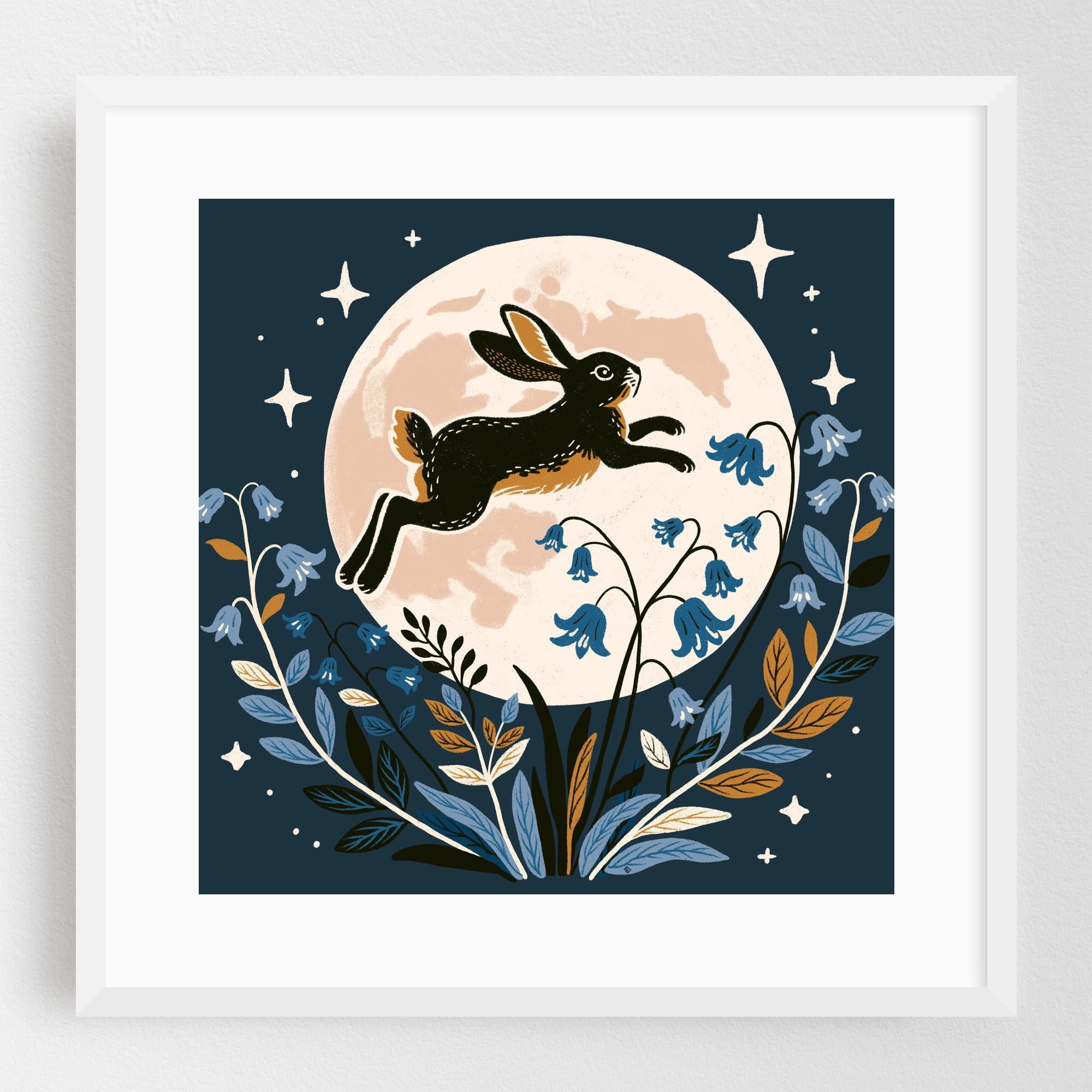 Rabbit In The Moonlight - Drawing Moon Floral Night Sky Illustration ...