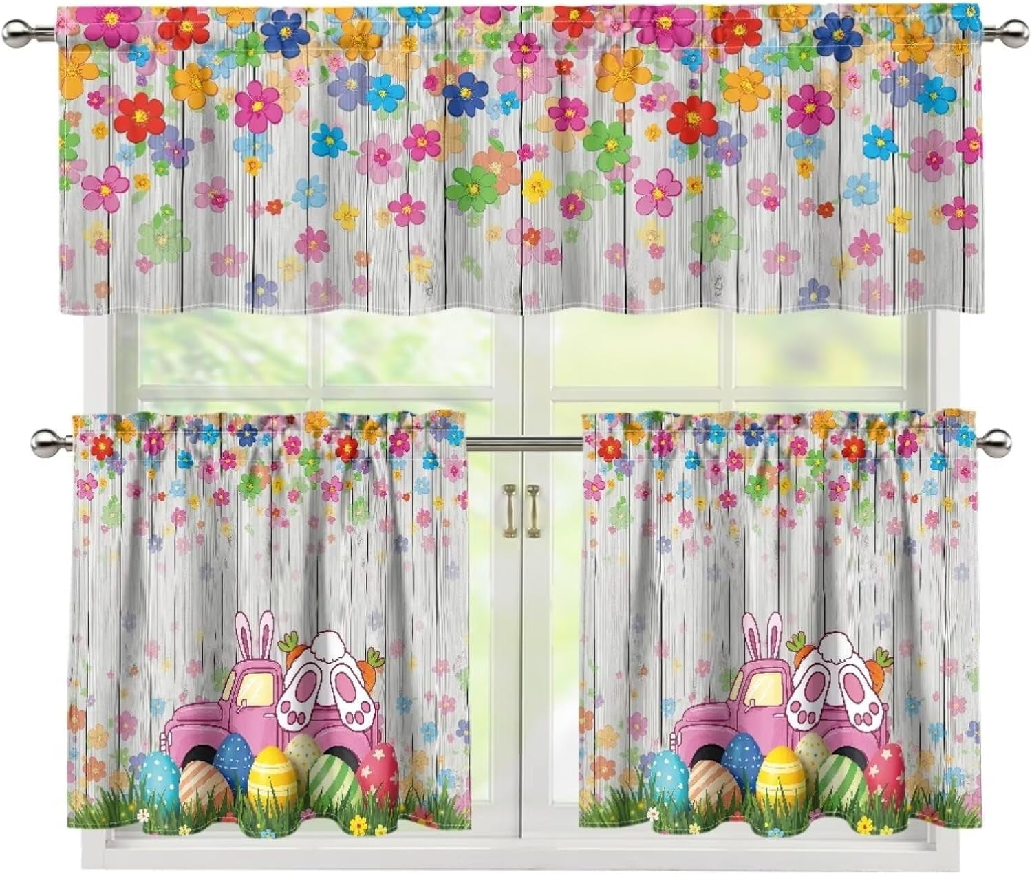 Rabbit Kitchen Curtains Valance Set of 3 Colorful Cute Groovy Flower ...