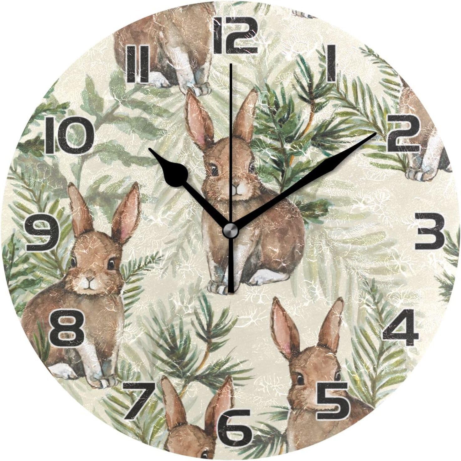 Rabbit Leaves Wall Clock Round Vintage Silent Non Ticking Battery ...