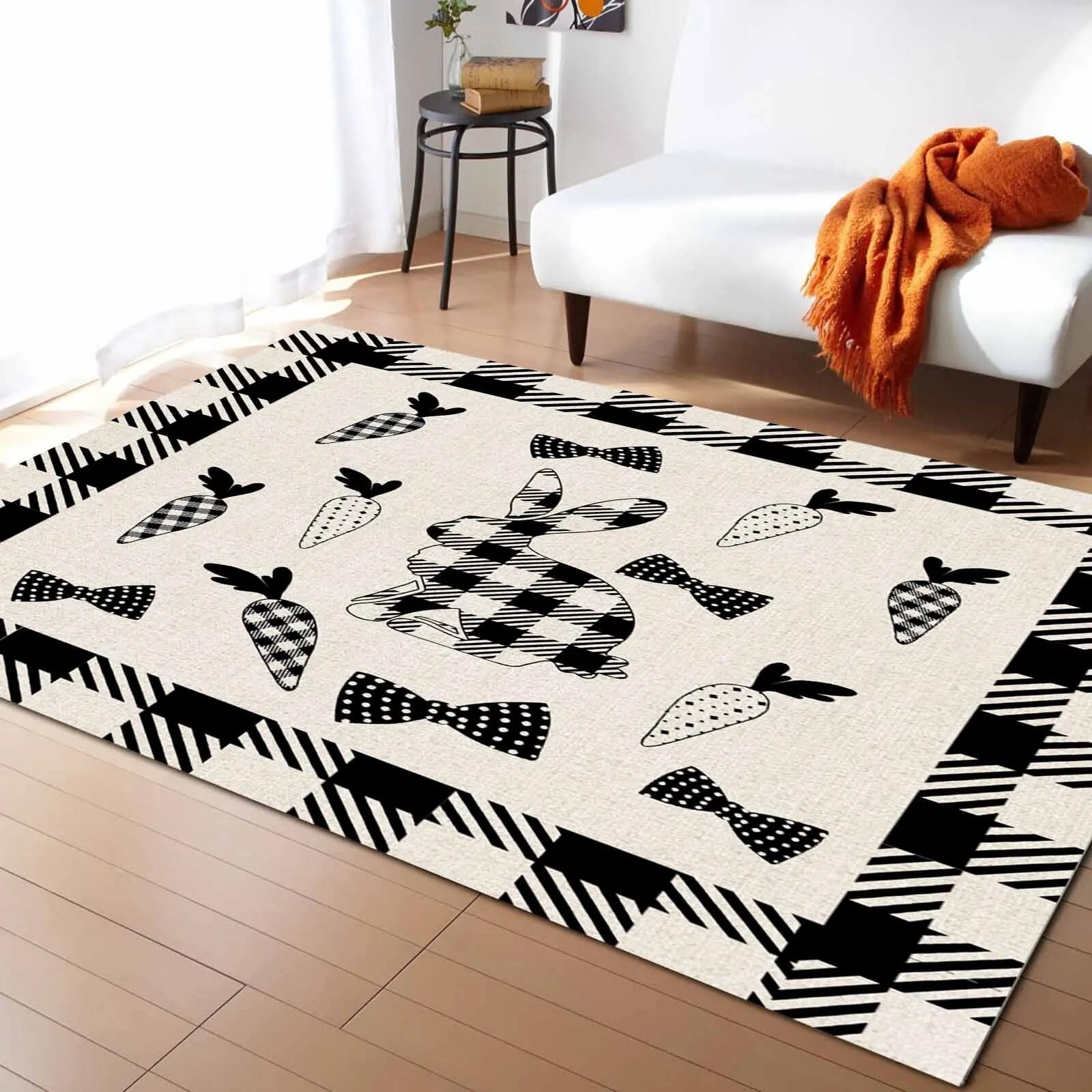 Rabbit Plaid Easter Black Living Room Floor Mat Children's Bedroom ...