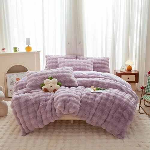 Rabbit Plush Kids Girls Purple Comforter Sets Twin/Full - 3PC Faux Fur ...
