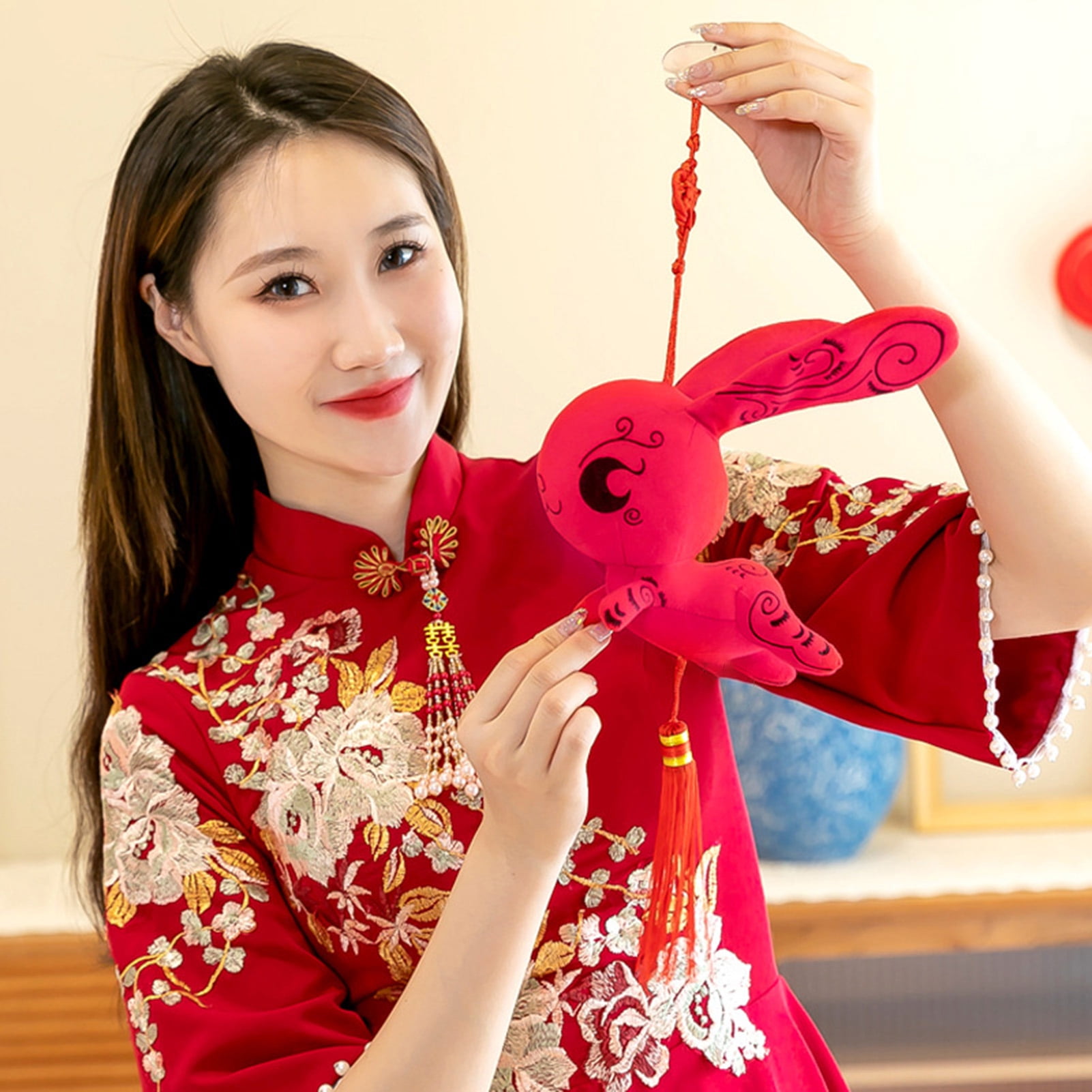 Rabbit Plush Pendant with Sucker Chinese Knot Tassel Design Lucky Red ...