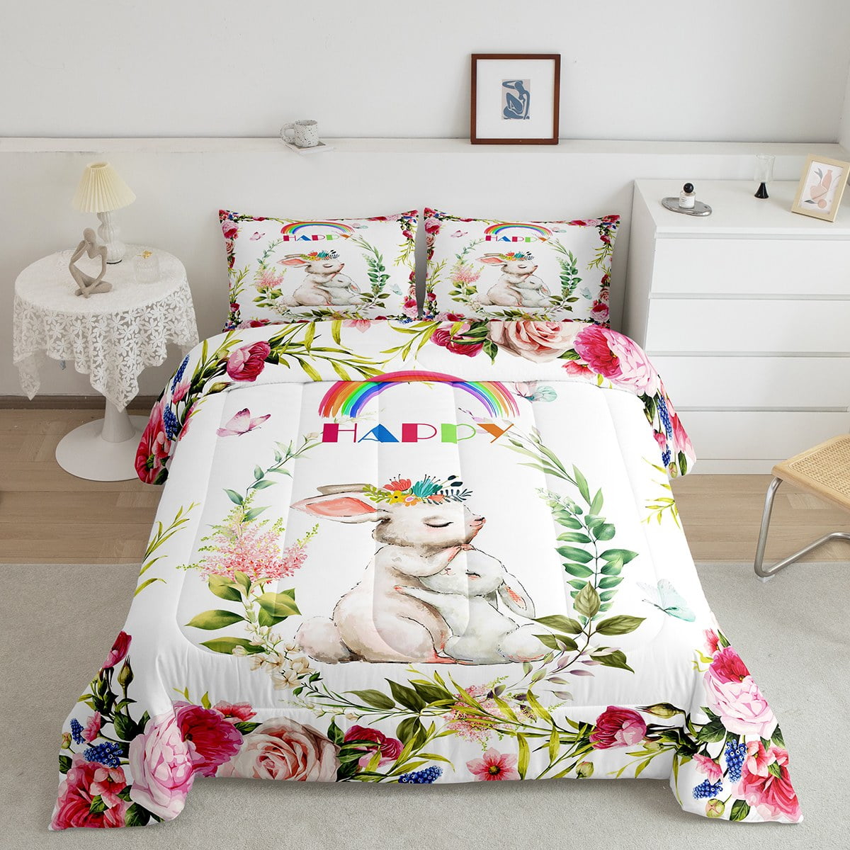 Rabbit Queen Comforter Set,Wild Rustic Farmhouse Animals Bedding Set ...