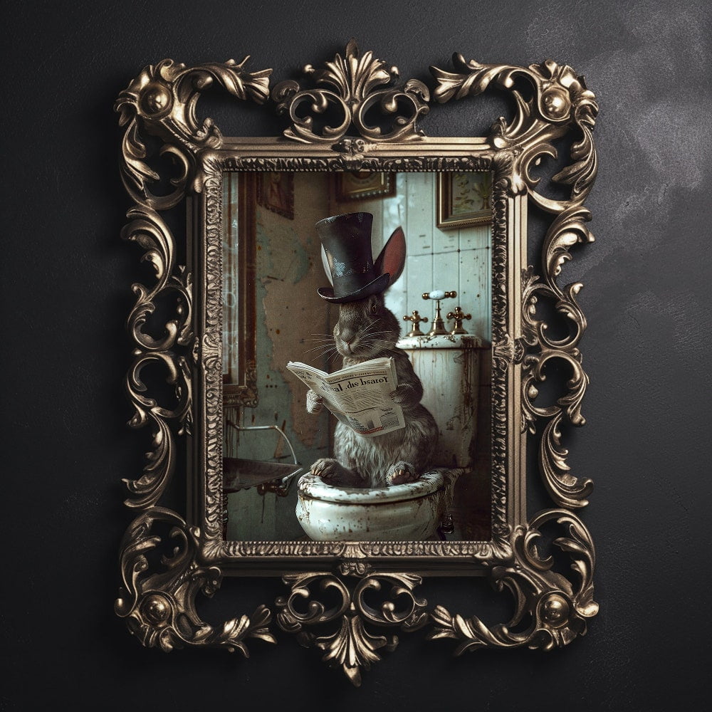 Rabbit Reading Newspaper On Toilet Print, Hare Dark Academia, Whimsical ...