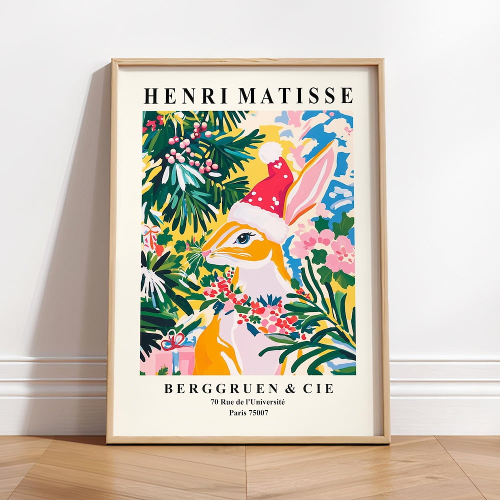 Rabbit In Santa Hat, Pink Christmas Decor, Wall Art For Living Room ...