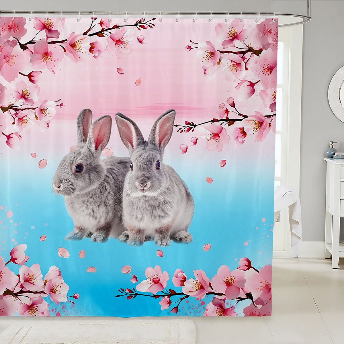 Rabbit Shower Curtain Easter Wild Animal Bath Curtain,Cherry Blossom ...