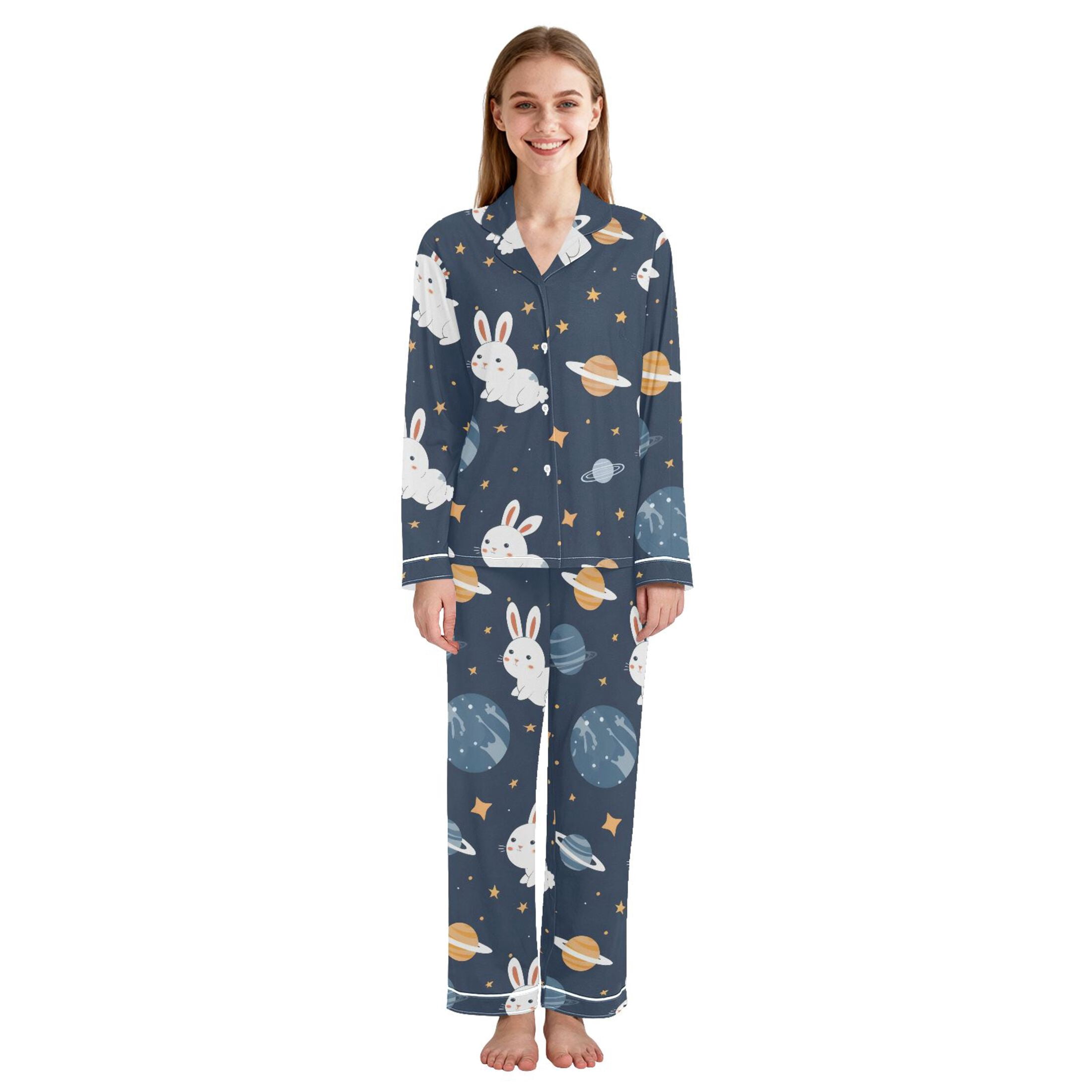Rabbit Space Pattern Women Pajama Set Soft Notch Collar Button Down ...