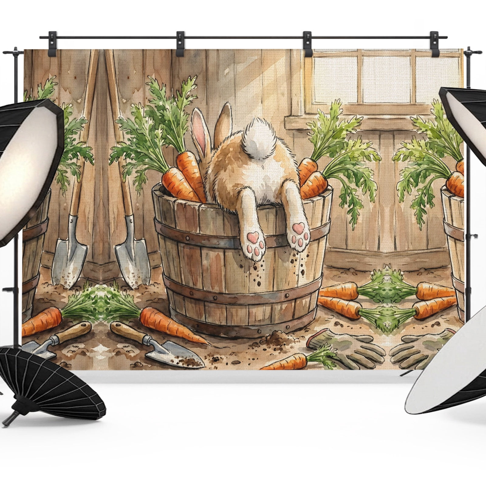 Rabbit Tail Backdrop for Photography, Wooden Barrel Carrots Whimsical ...