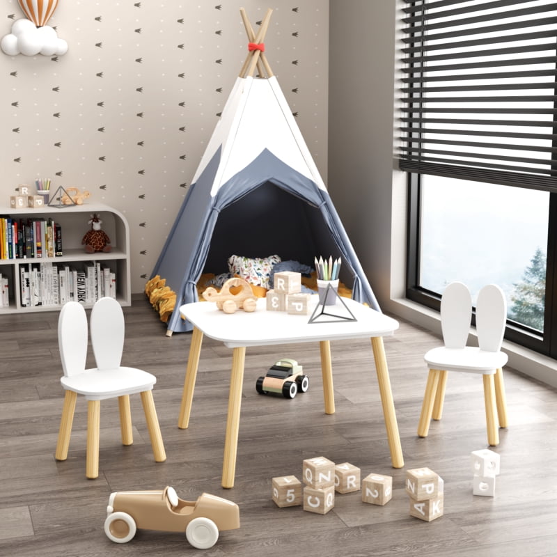 Rabbit Themed Wooden Kids Table Set - 3-Piece Toddler Activity Play ...