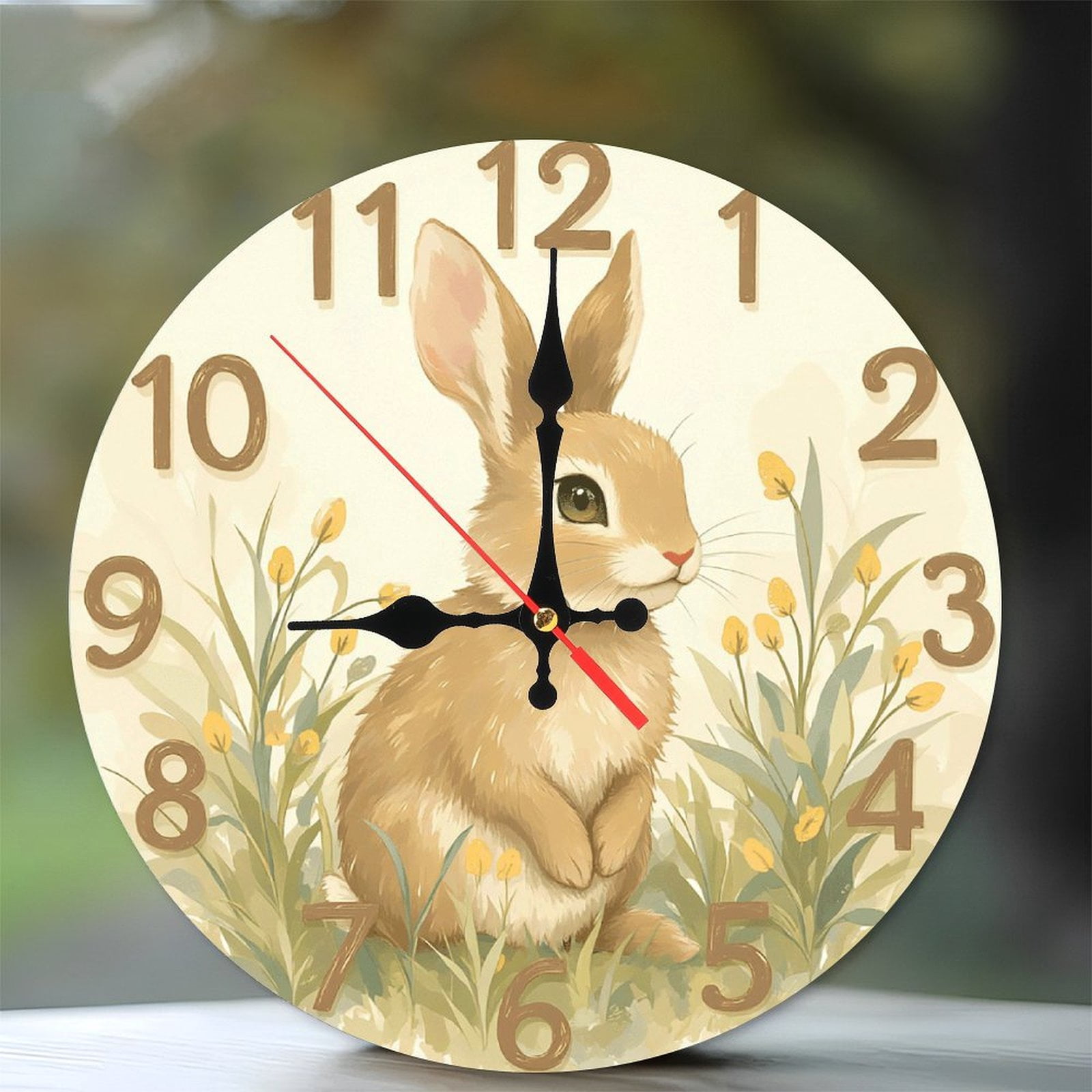 Rabbit Wall Clock with Artistic Floral Design 10-Inch Silent Wooden ...