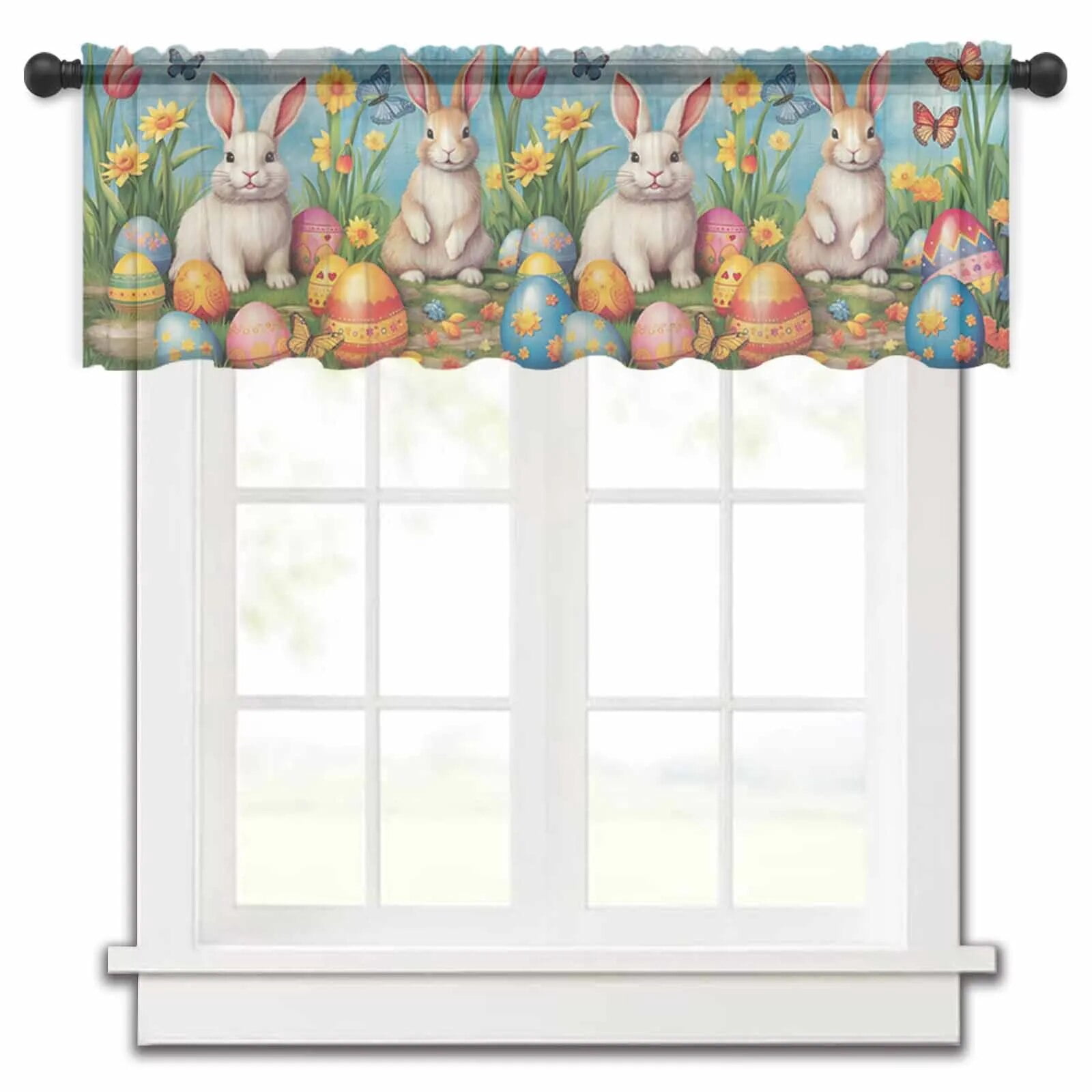 Rabbit Watercolor Flower Easter Egg Spring Small Window Curtain Tulle ...