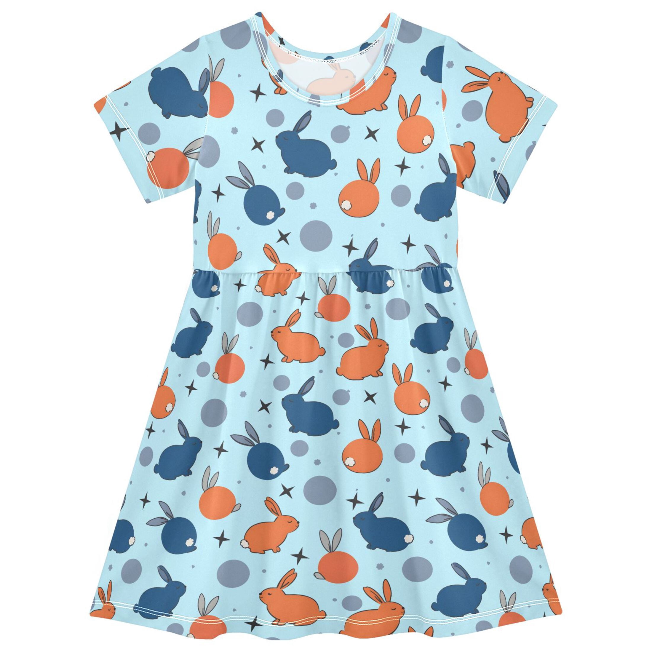 Rabbit Wave Point Short Sleeve Dress A-Line Cute Midi Casual Sundress 2 ...