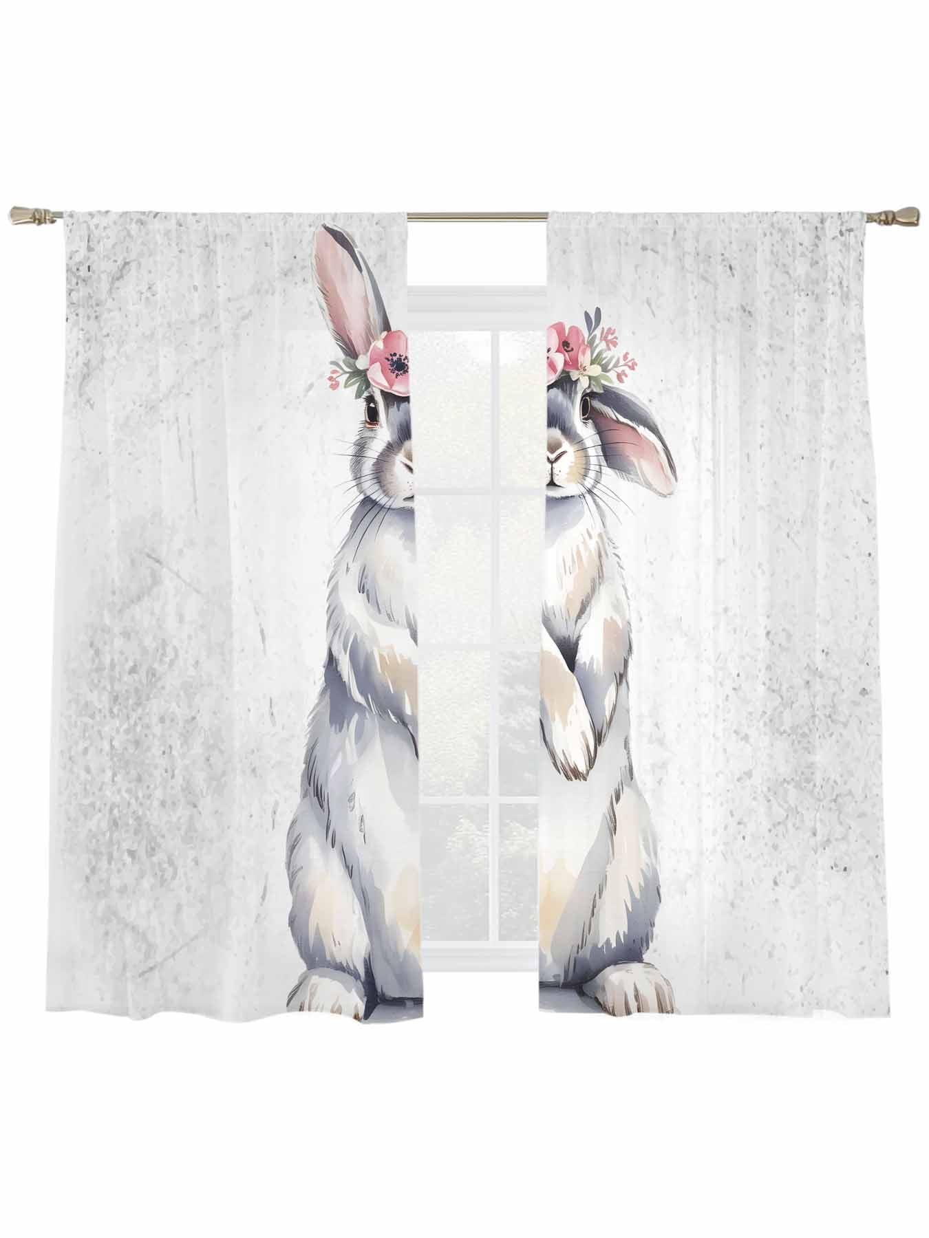 Rabbit Wearing A Flower Wreath Sheer Curtains 2 Panels Set Flower ...