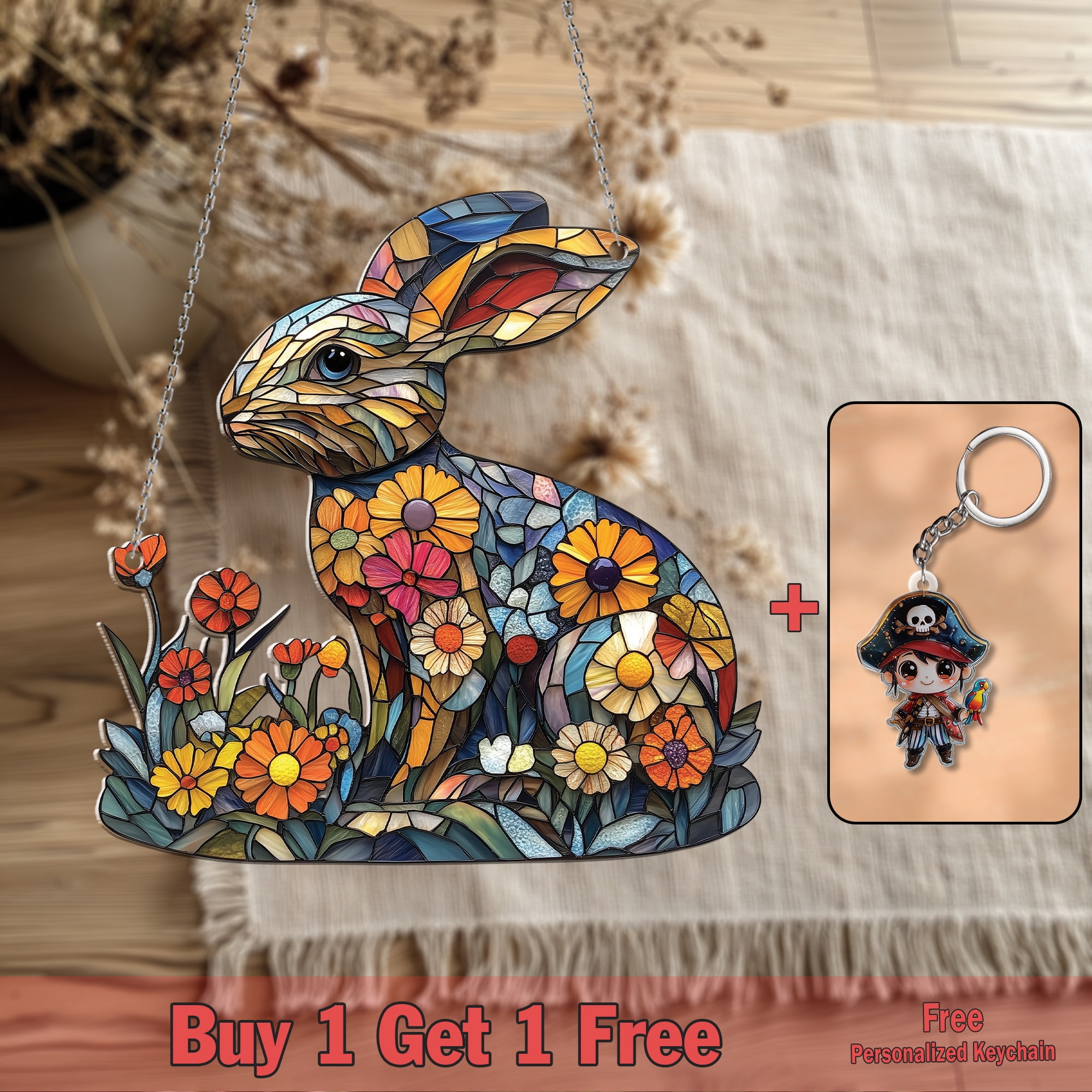 Rabbit Window Hanging - Adorable Bunny Suncatcher with Floral Design ...