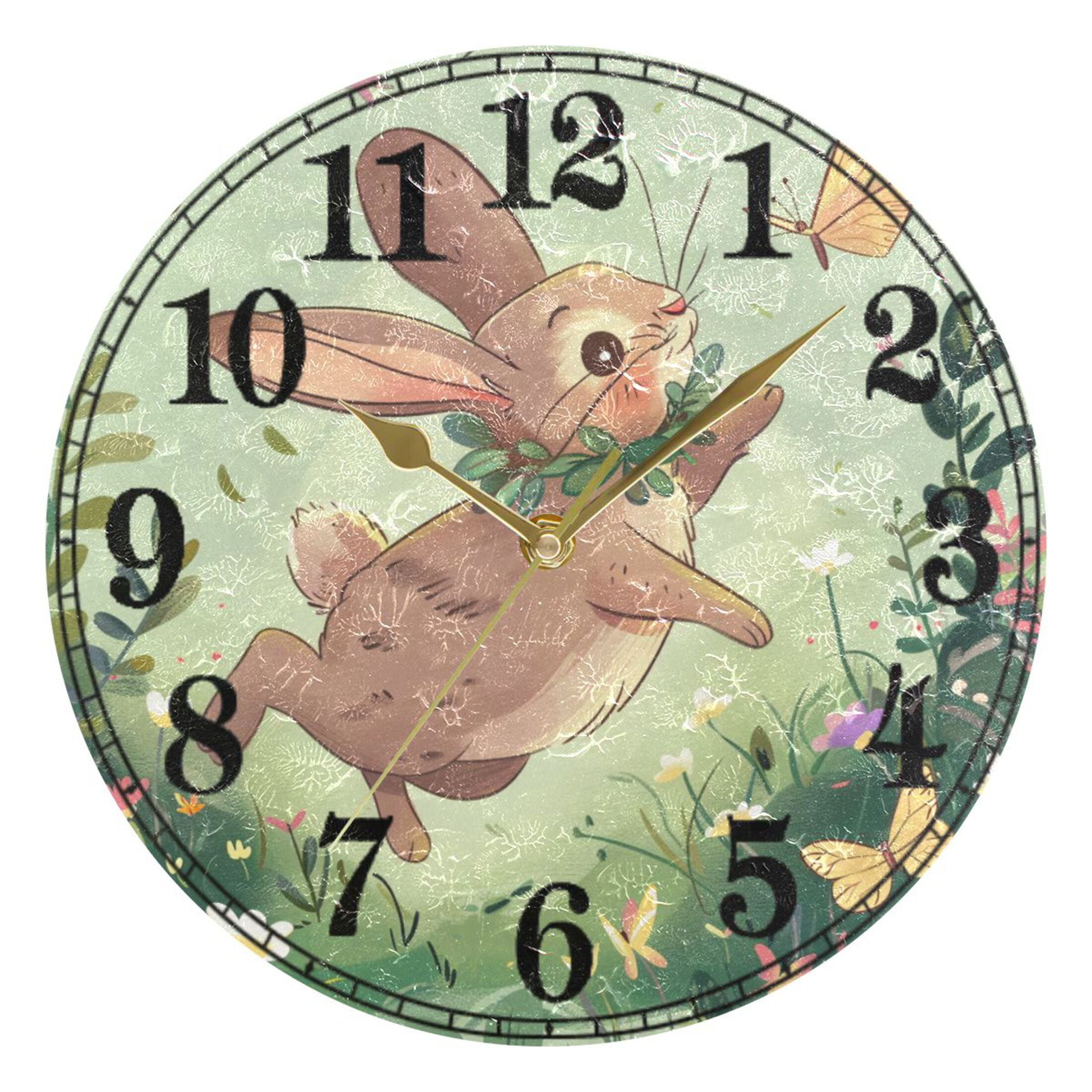 Rabbit and Butterflies Silent Wall Clock 10" Non-Ticking Battery Clock ...
