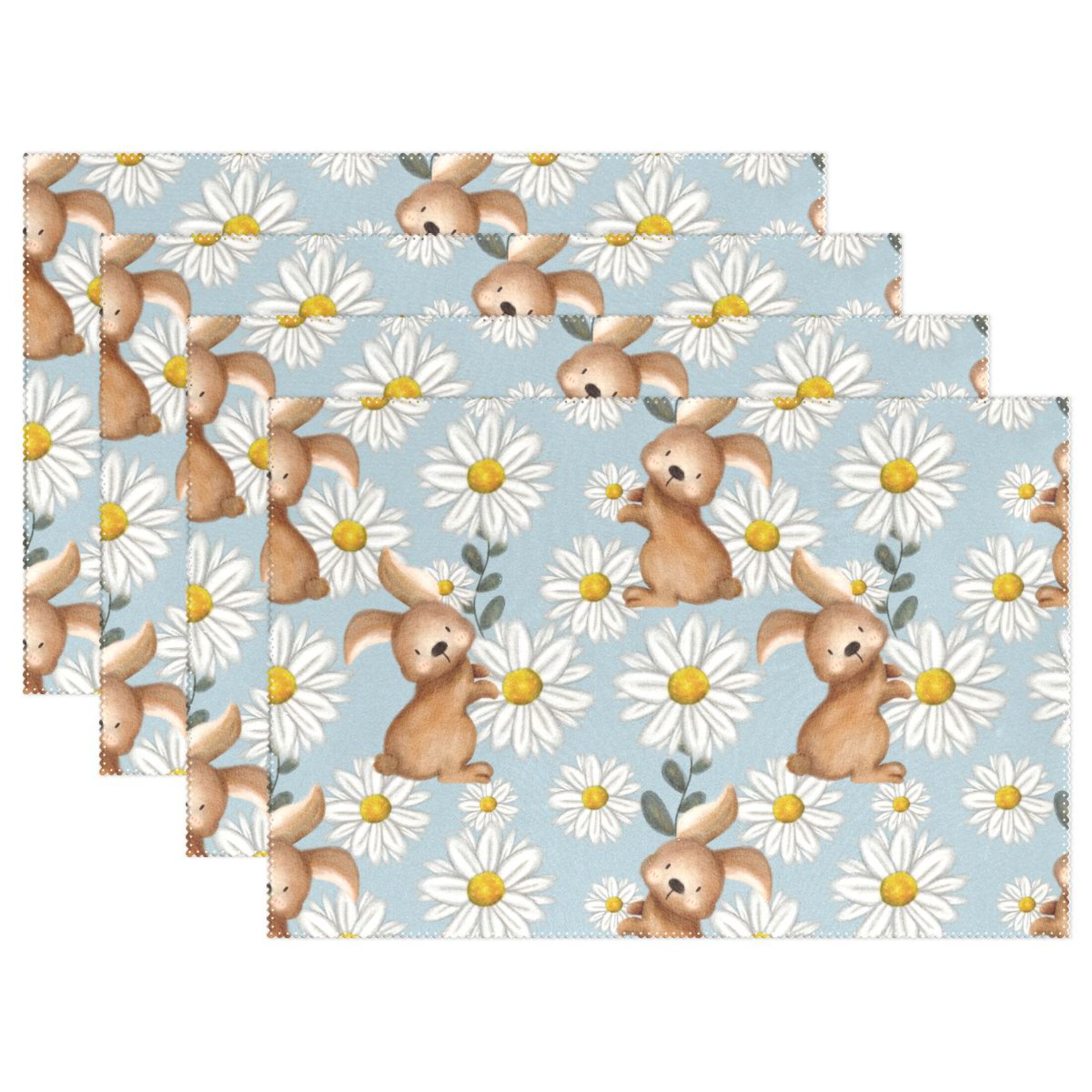 Rabbit and Daisy Flower Watercolor 4 PCs Placemats Set Linen Non-Slip ...