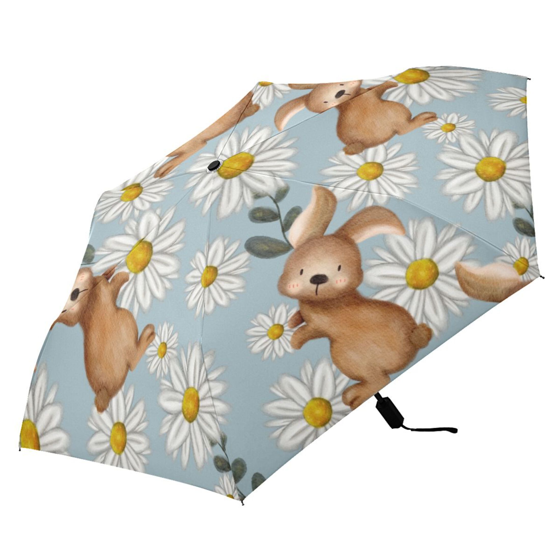 Rabbit and Daisy Flower Watercolor Compact Folding Umbrella for Rain ...