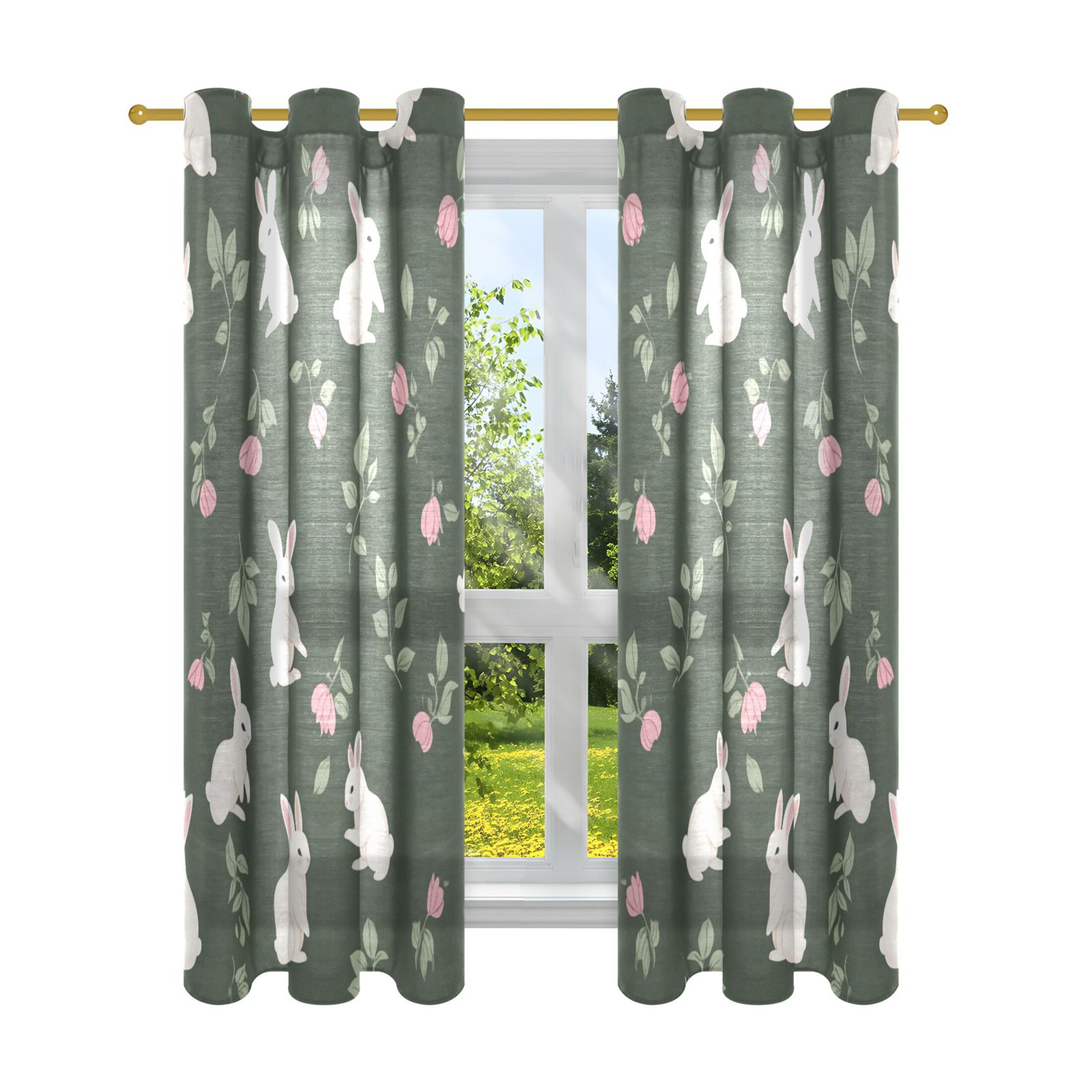 Rabbit and Flower Print Semi Sheer Curtains for Living Room Bedroom Set ...