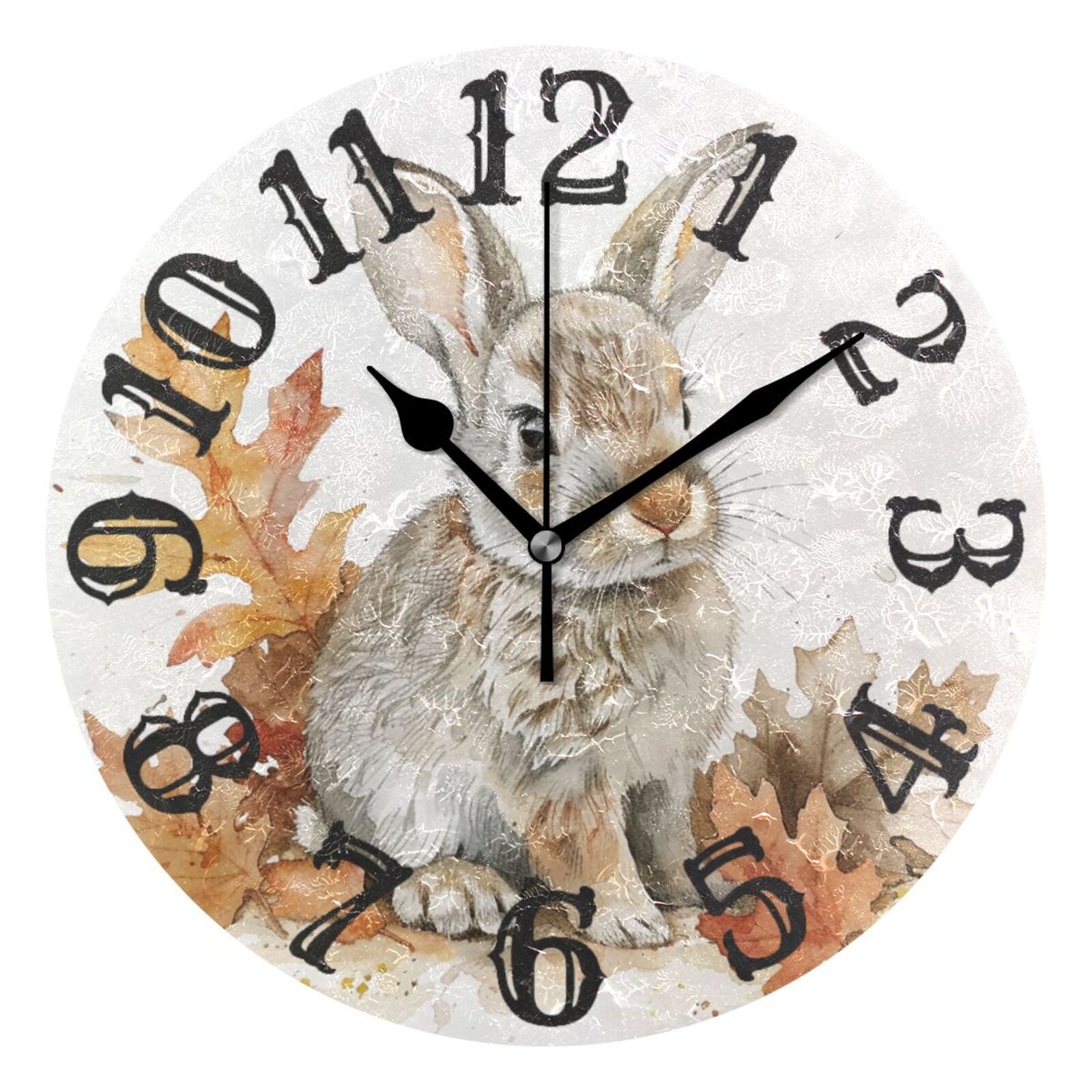 Rabbit and Leaves Wall Clock 10 inch Non-Ticking Easy to Read ...