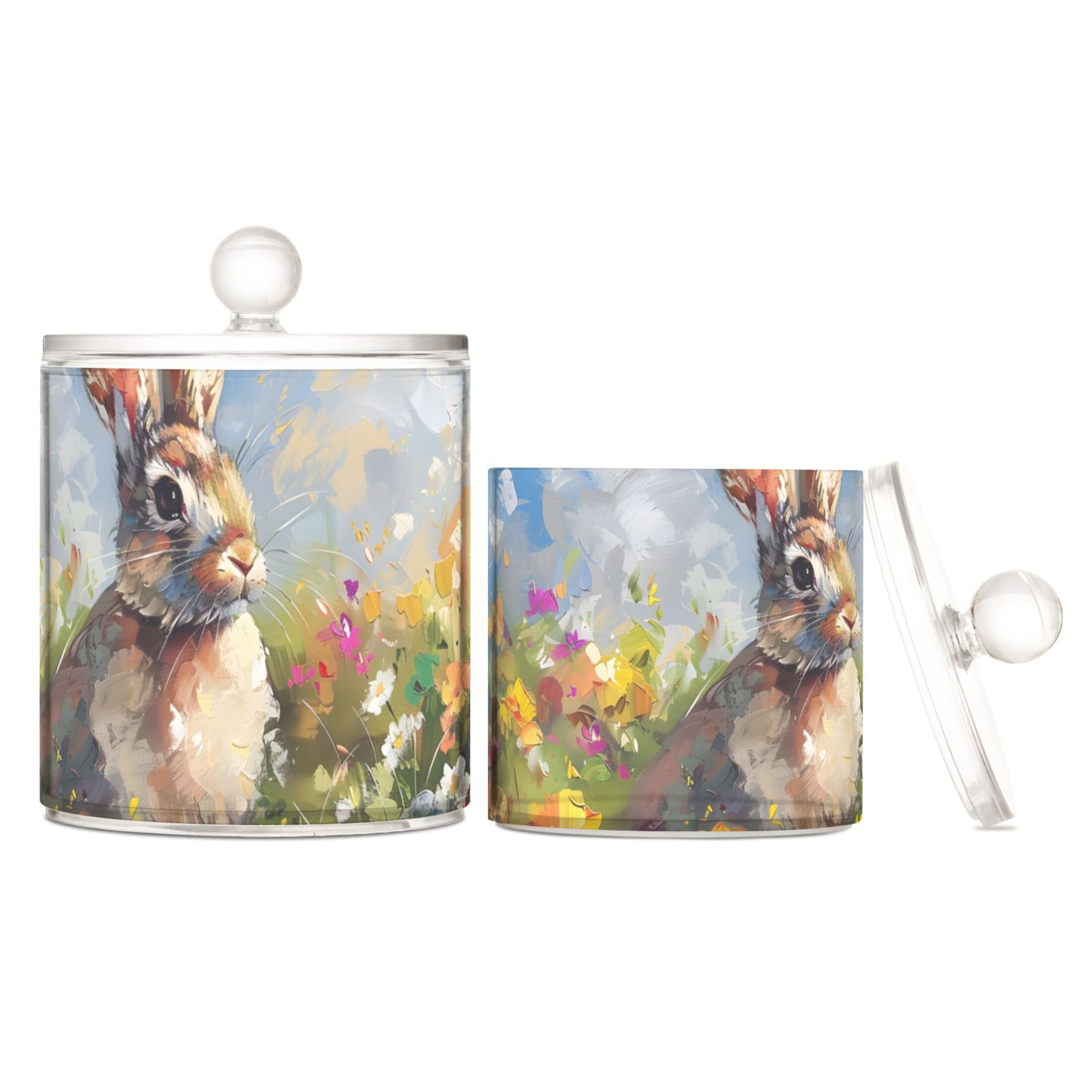 Rabbit in Floral Oil Painting Translucent Plastic Cans Storage ...