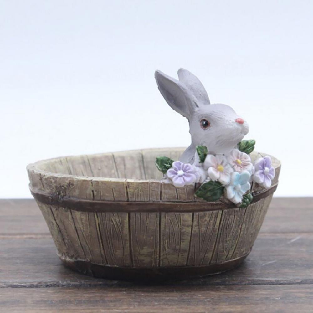 Rabbit in a Wooden Tub Resin Planter Cute Bunny Flower Pot Home Garden ...