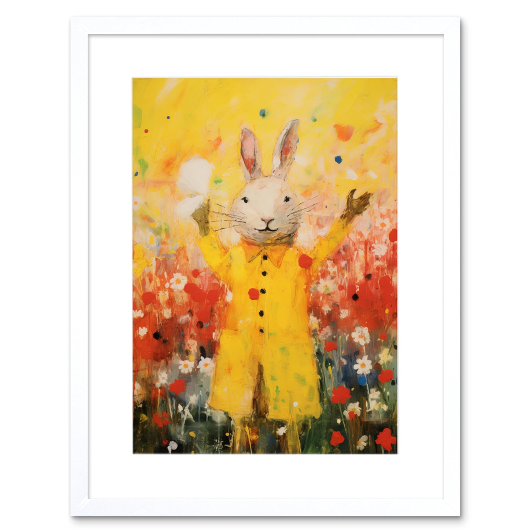 Rabbit in a Yellow Rain Mac Oil Painting Bright Floral Meadow Kids Bedroom Nursery Artwork ...