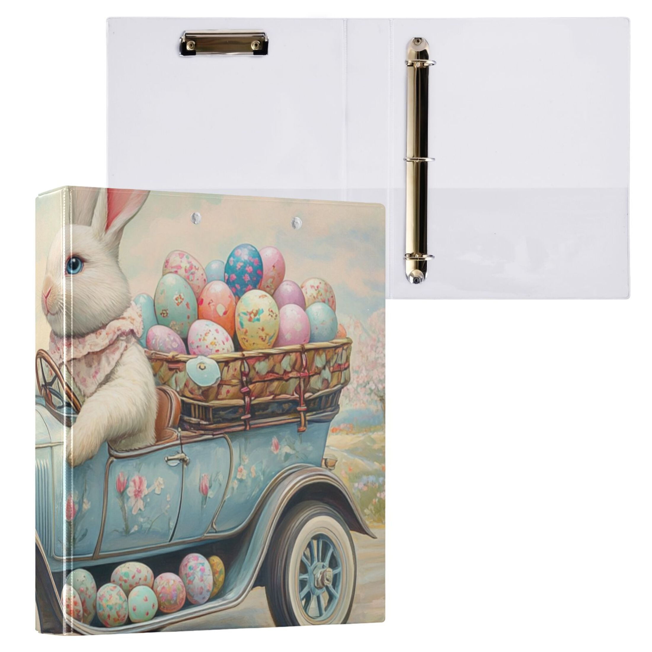 Rabbit with Car Of Easter Eggs Round Ring Binder 3 Rings 1.5" Capacity ...