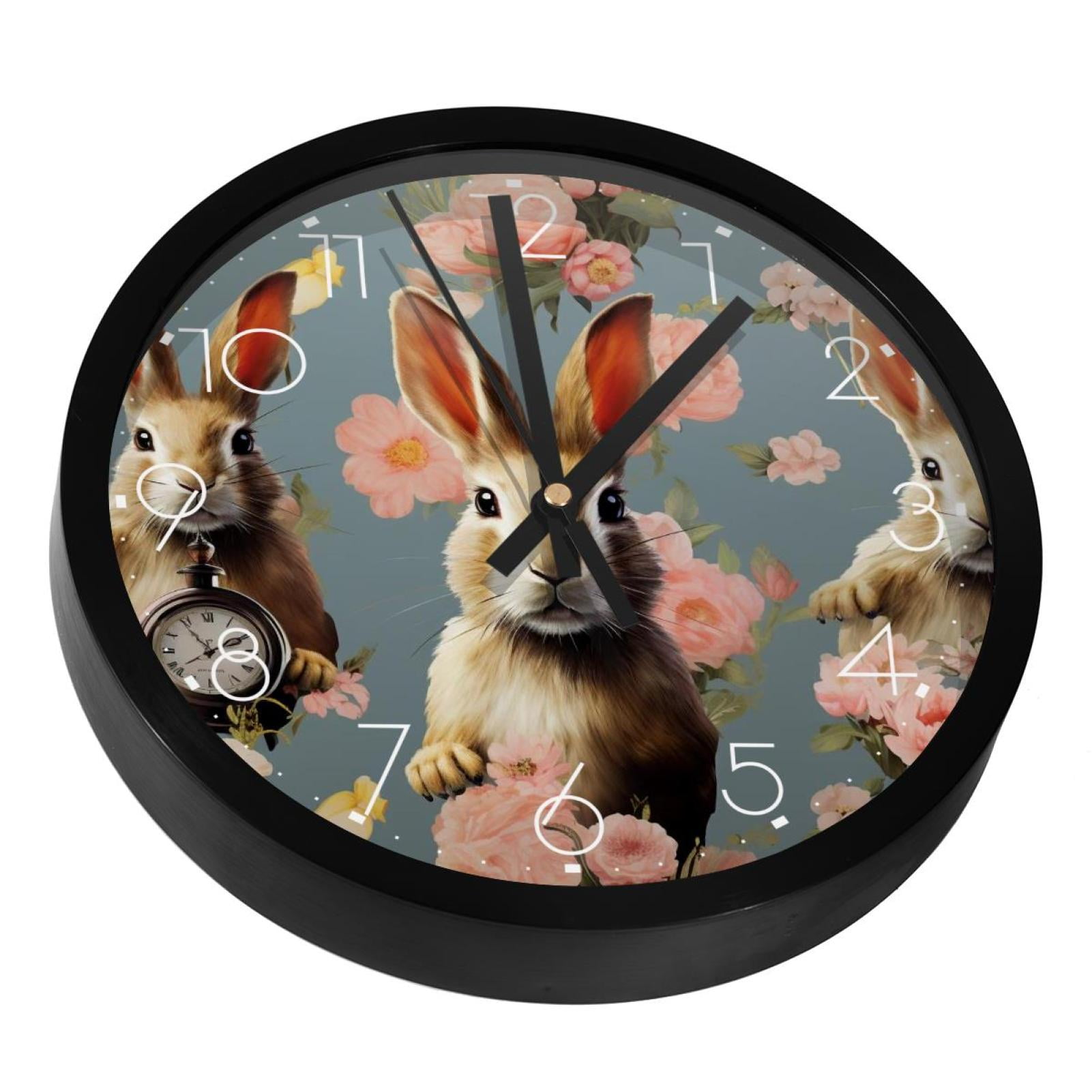 Rabbit with Flowers Clock Silent Wall Clock, Non Ticking Battery ...