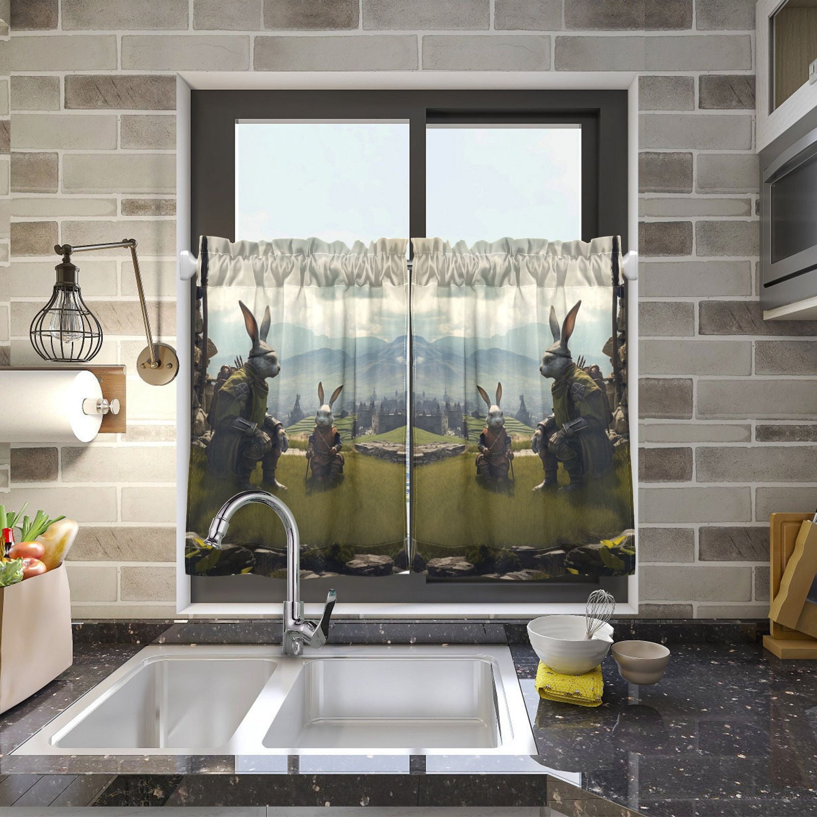 Rabbits Clouds Forest Trees Camping Kitchen Curtains Half Tier Curtain ...