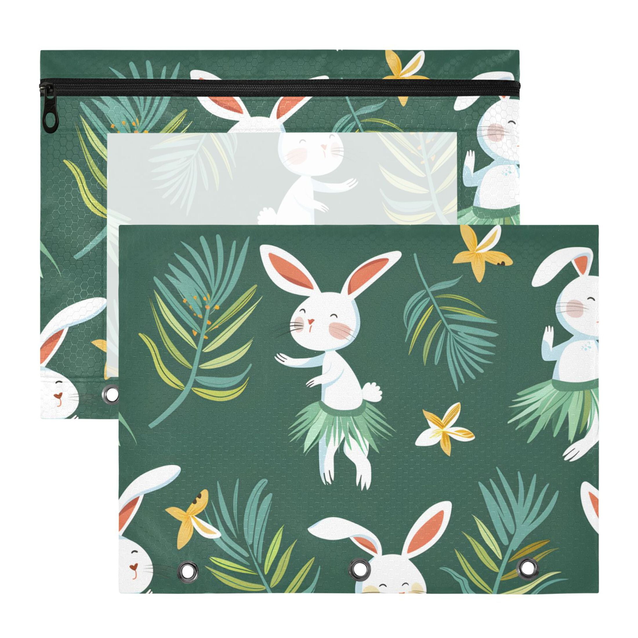 Rabbits Dancing Hula-hula Leaves 3-Ring Binder Pouches A4 Size Zipper ...