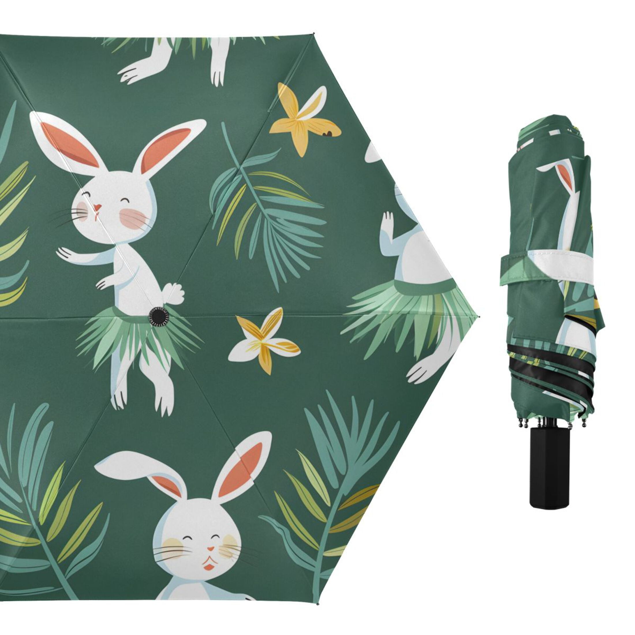 Rabbits Dancing Hula-hula Leaves All Weather Umbrella Triple Folding ...