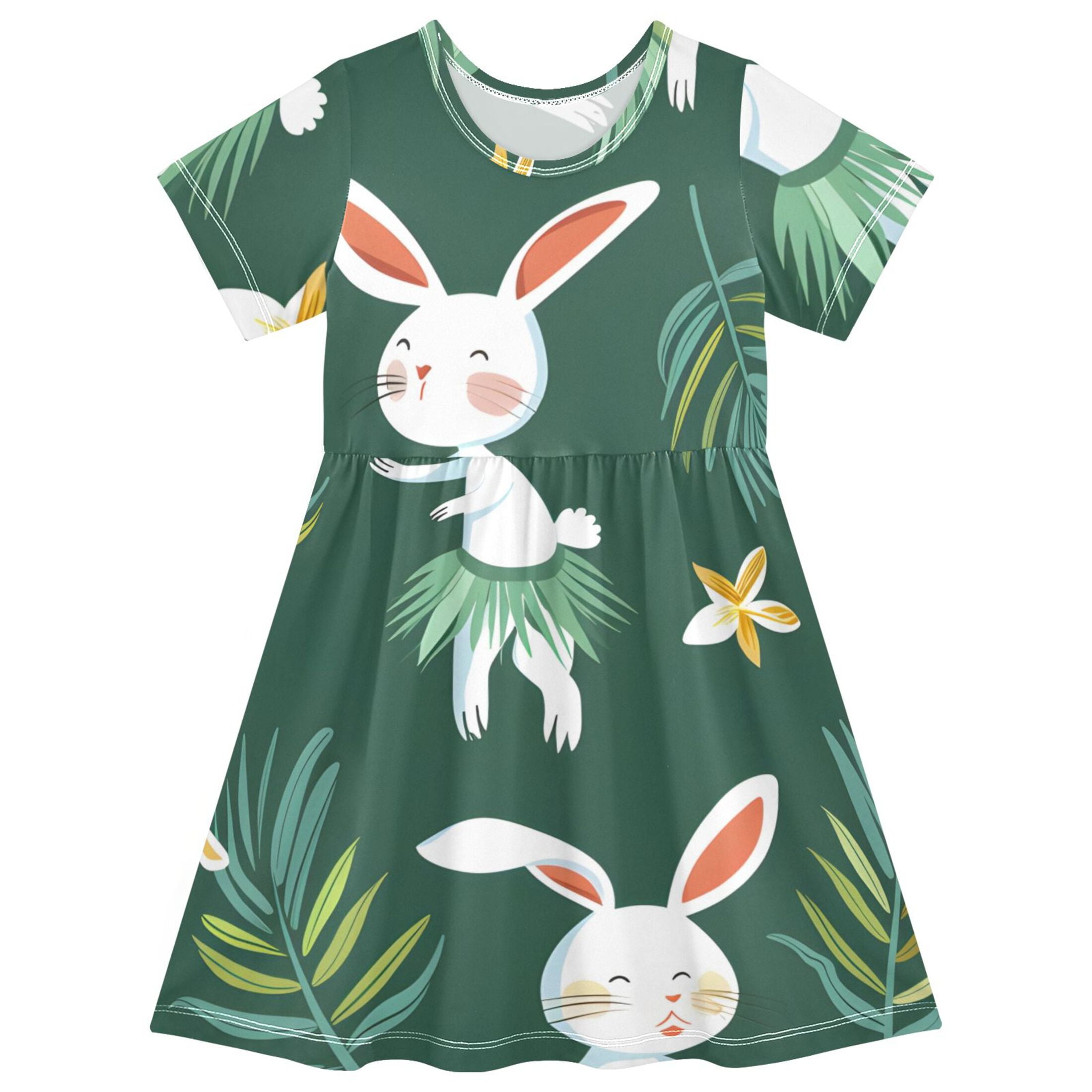 Rabbits Dancing Hula-hula Leaves Girls' Short Sleeve Dress A-Line One ...