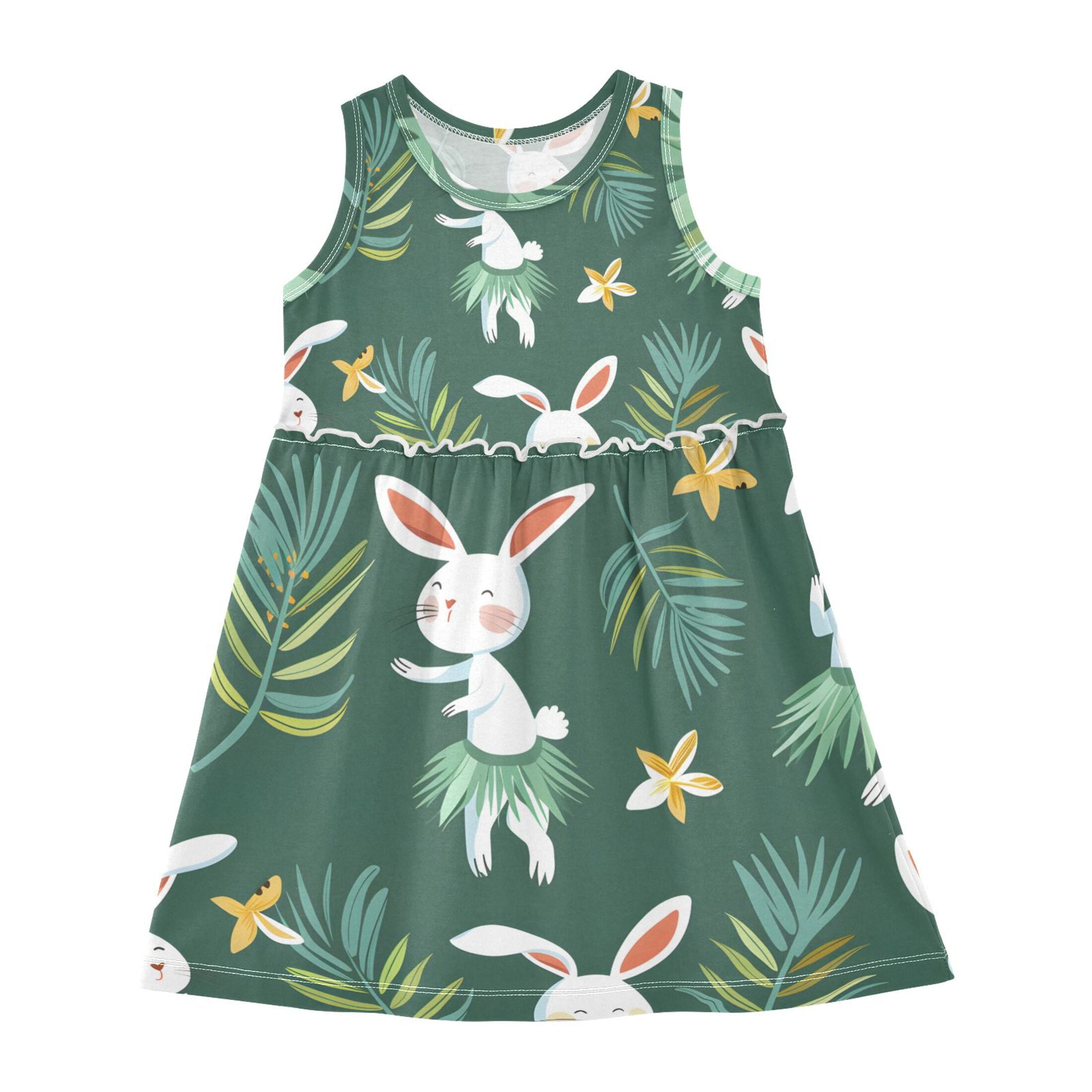 Rabbits Dancing Hula-hula Leaves Girls' Sleeveless Dress A-Line One ...